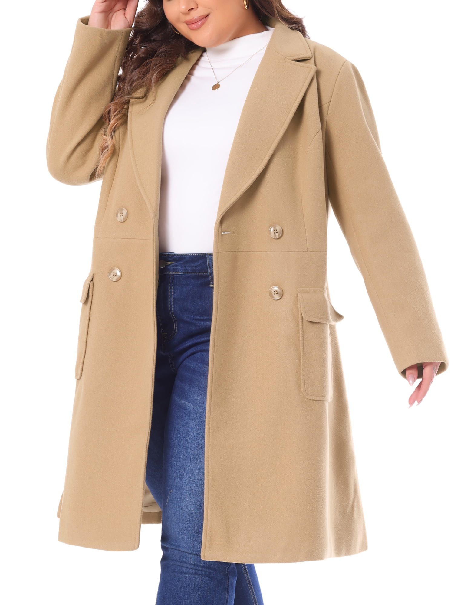 DARING DIVA Women's Plus Size Notched Lapel Double Breasted Long Coat ...