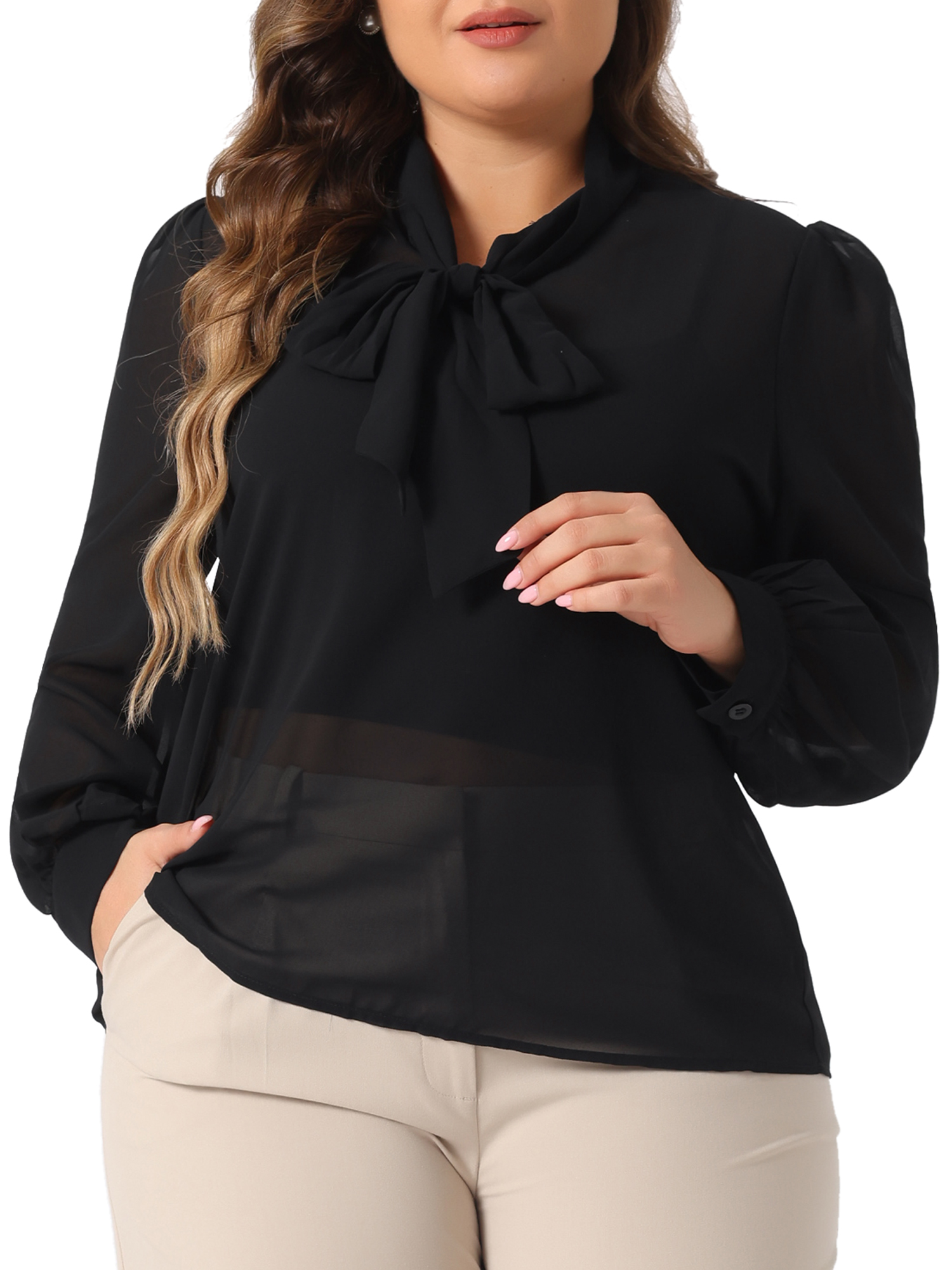DARING DIVA Women's Plus Size Sheer Chiffon Bow Tie Neck Long Sleeve ...