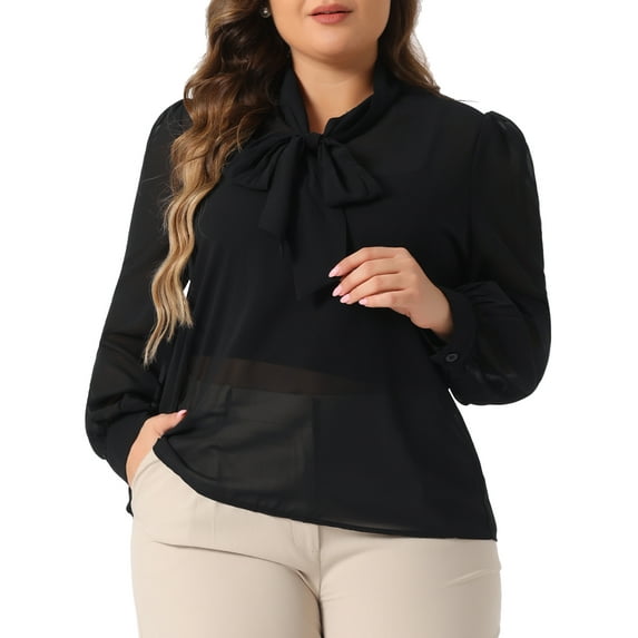 DARING DIVA Women's Plus Size Sheer Chiffon Bow Tie Neck Long Sleeve ...