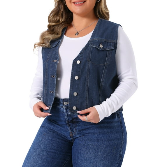 DARING DIVA Women's Plus Size V Neck Button Down Casual Denim Vest 2X ...