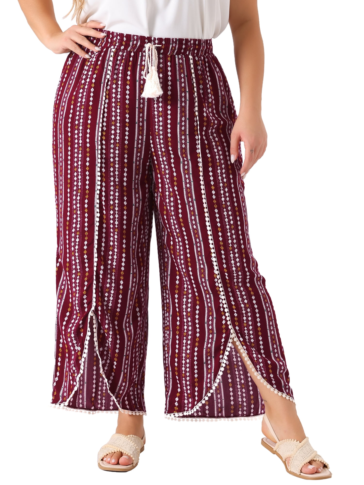 DARING DIVA Women's Plus Split Flowy Striped Wide Leg Pants 2X Burgundy ...
