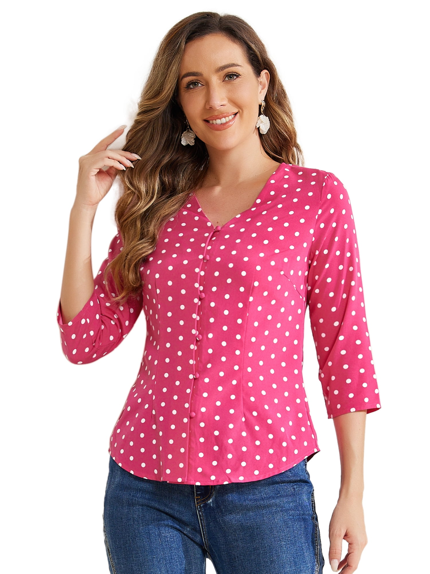 DARING DIVA Women's Polka Dots 3/4 Sleeve Button Blouse Top Medium Hot ...