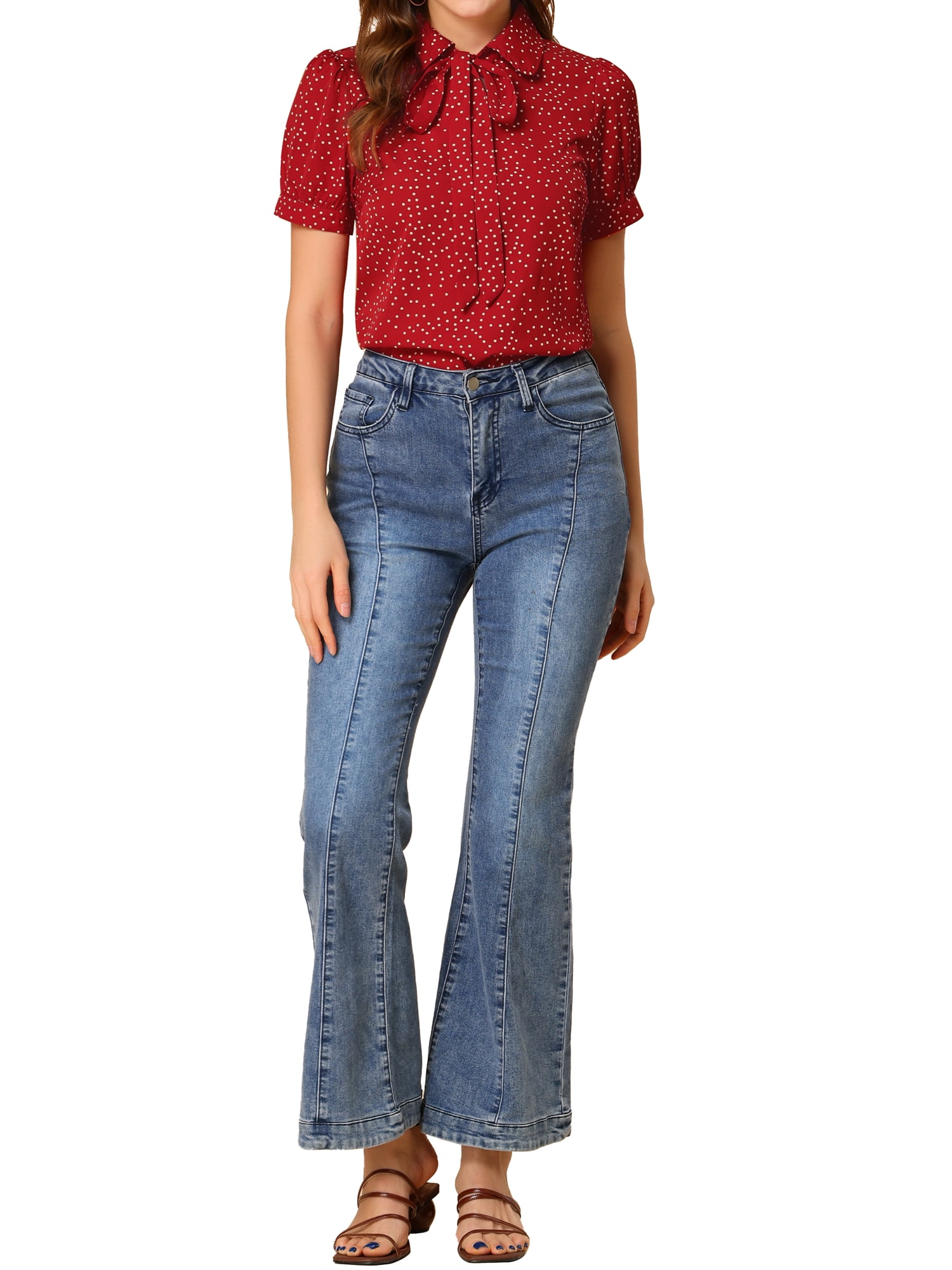 DARING DIVA Women's Polka Dots Tie Bow Chiffon Blouse L Red-Dots ...