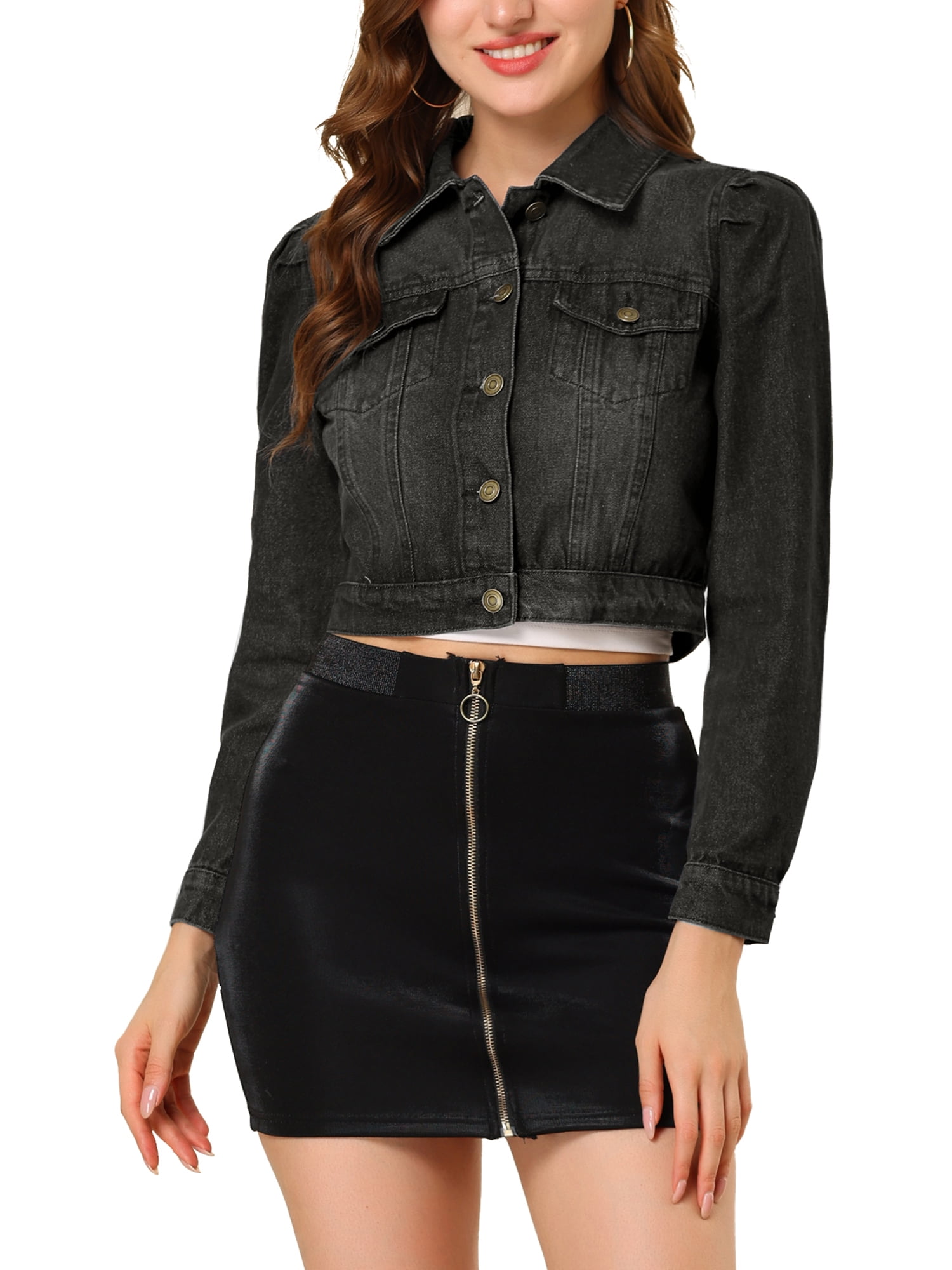 DARING DIVA Women's Puff Sleeve Cropped Denim Jacket M Black - Walmart.com