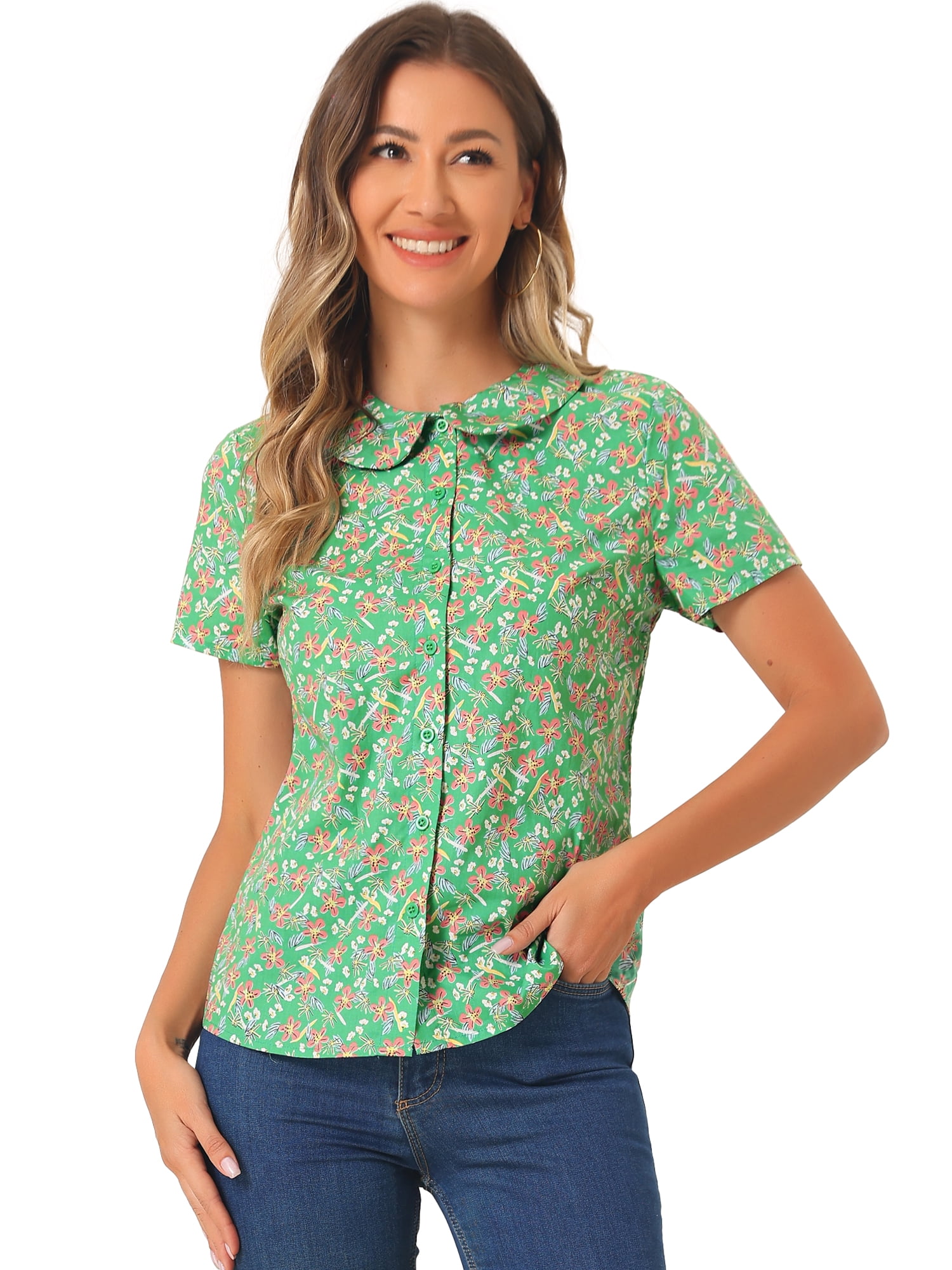 DARING DIVA Women's Retro Peter Pan Collar Floral Print Blouses L Green ...