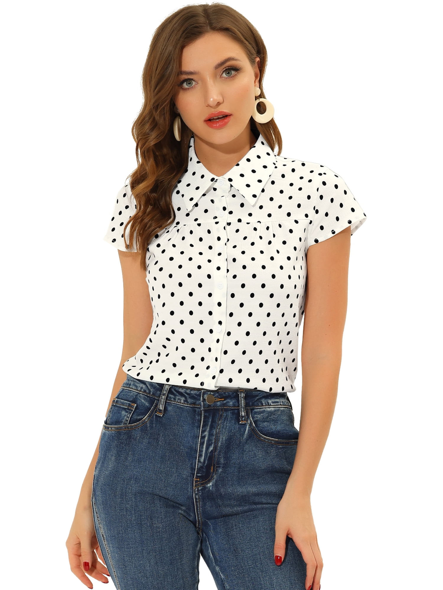 DARING DIVA Women's Retro Point Collar Short Sleeve Polka Dots Shirts ...