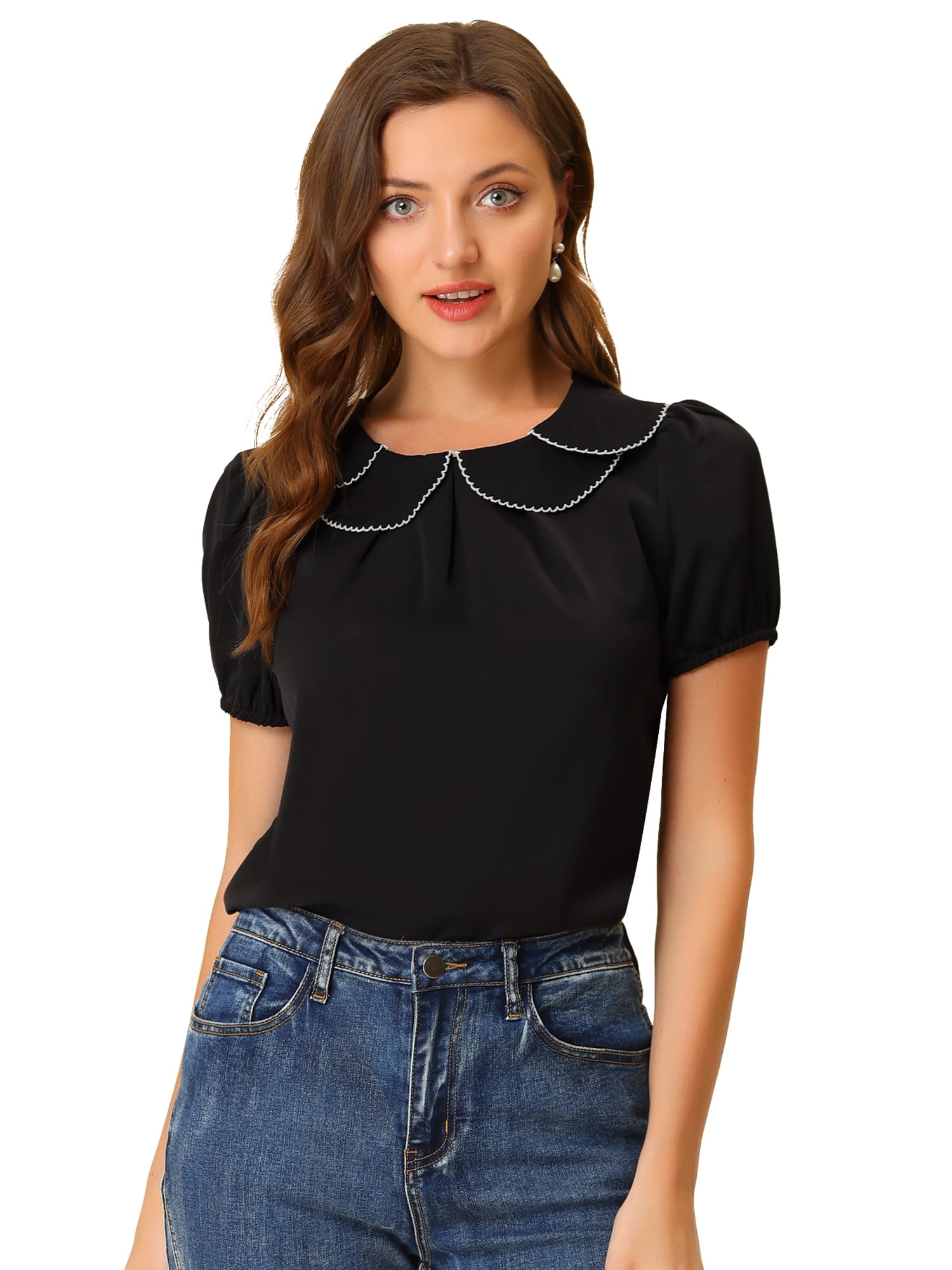 DARING DIVA Women's Retro Puff Sleeve Peter Pan Collar Blouse Top M ...