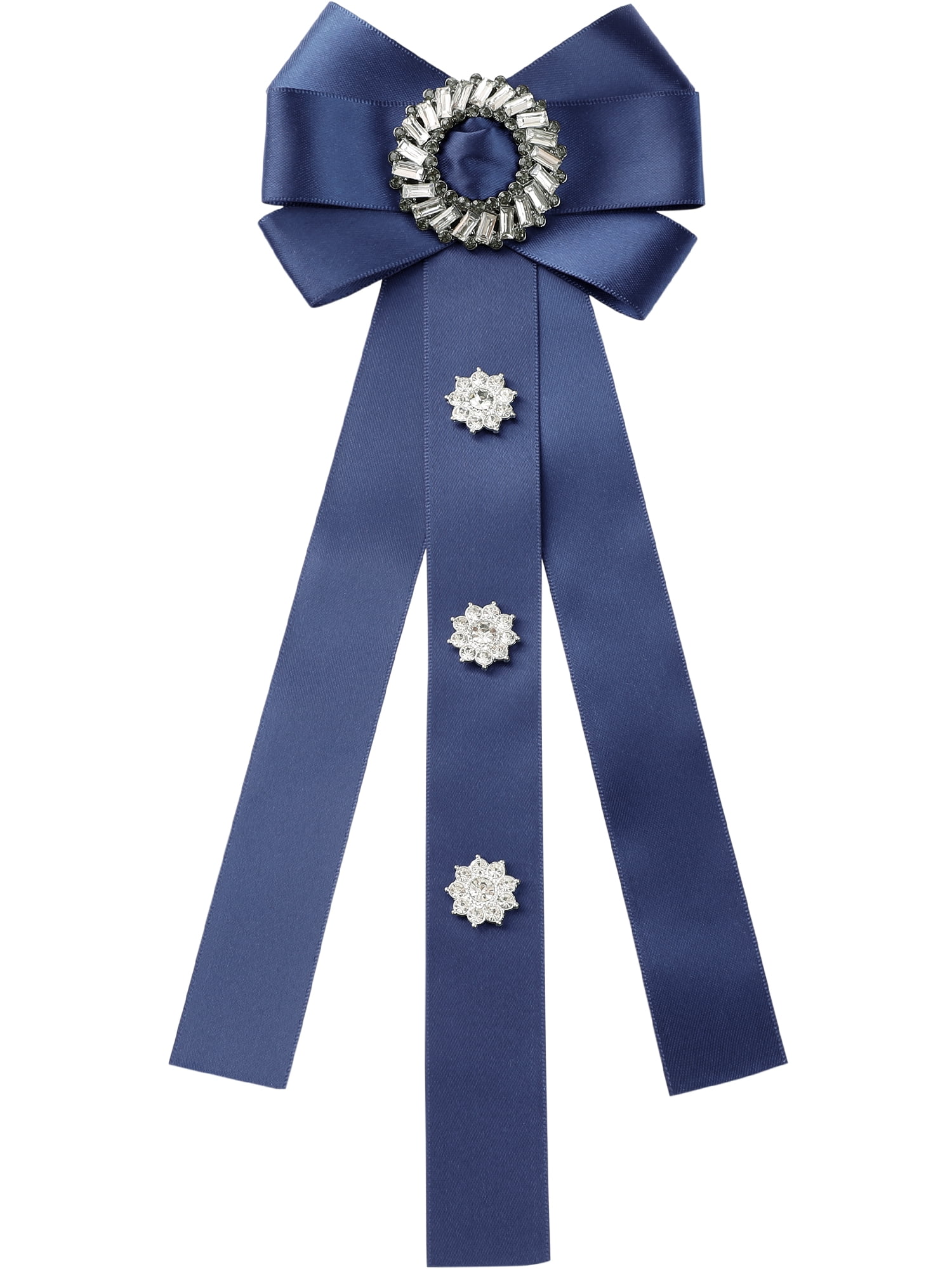 DARING DIVA Women's Retro Rhinestone Decor Ribbon Long Bow Ties Navy ...