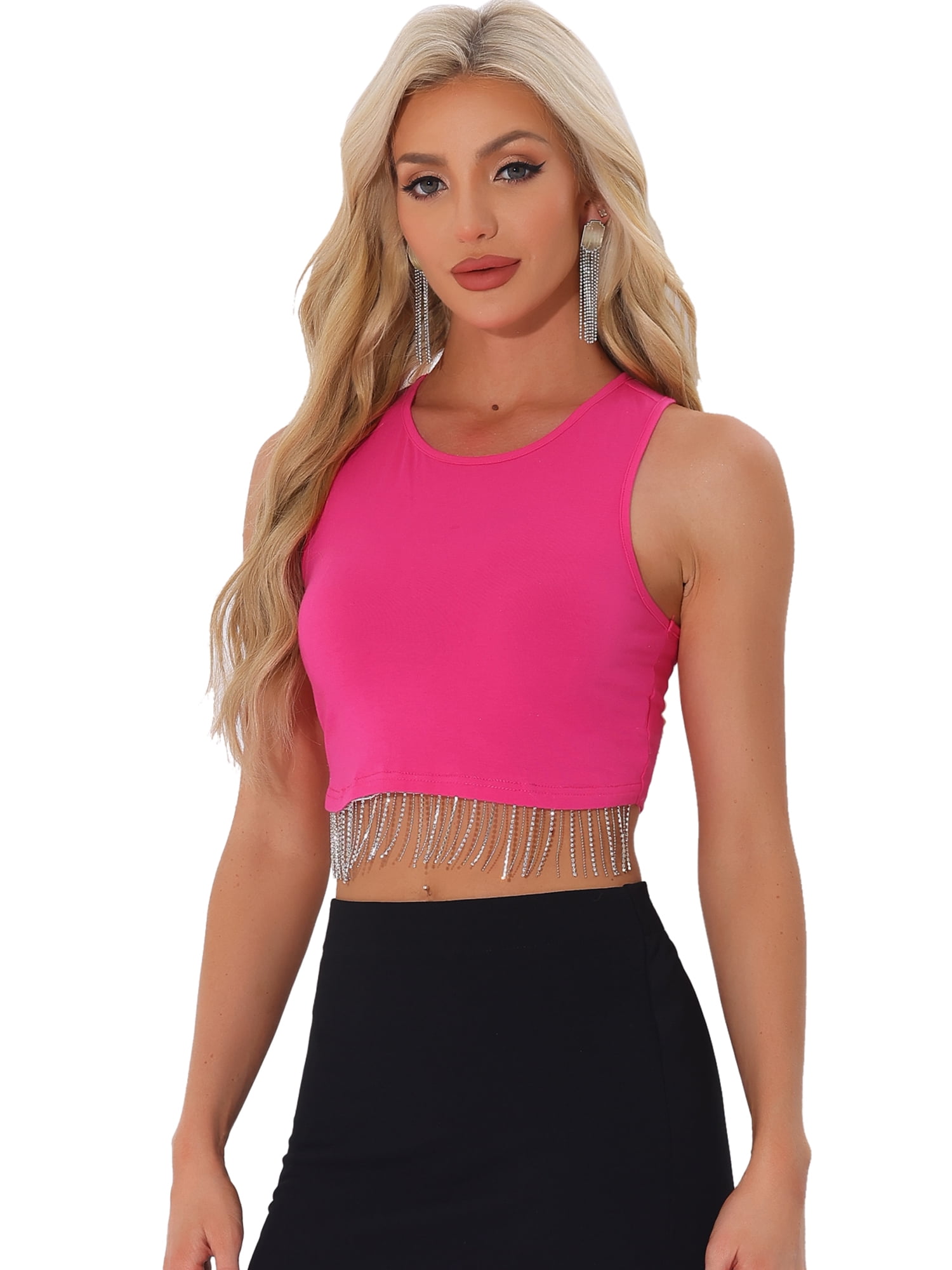 DARING DIVA Women's Rhinestone Fringe Tassel Trim Racerback Tank Top XL ...
