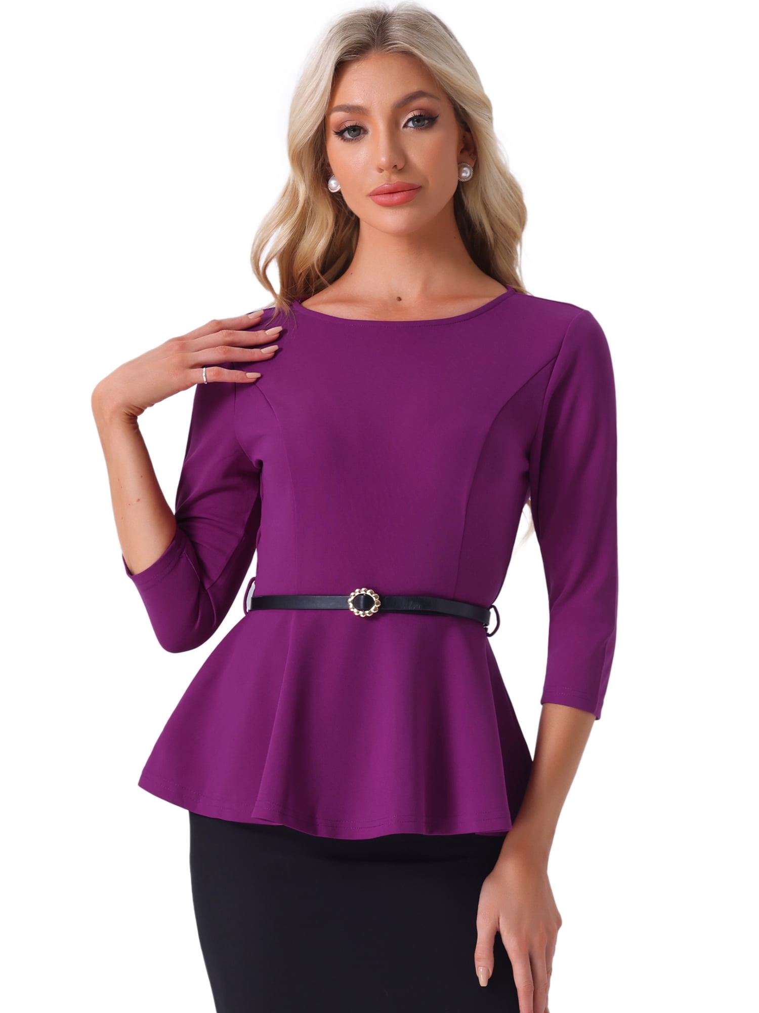 DARING DIVA Women's Round Neck 3/4 Sleeve Elegant Work Peplum Tops L ...