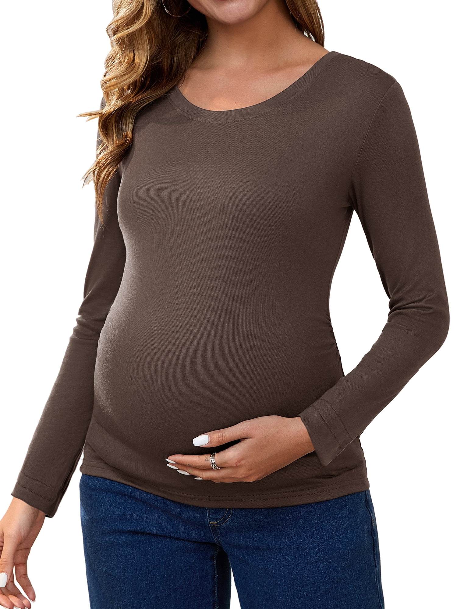 DARING DIVA Women's Ruched Long Sleeve Maternity Blouses XL Coffee ...