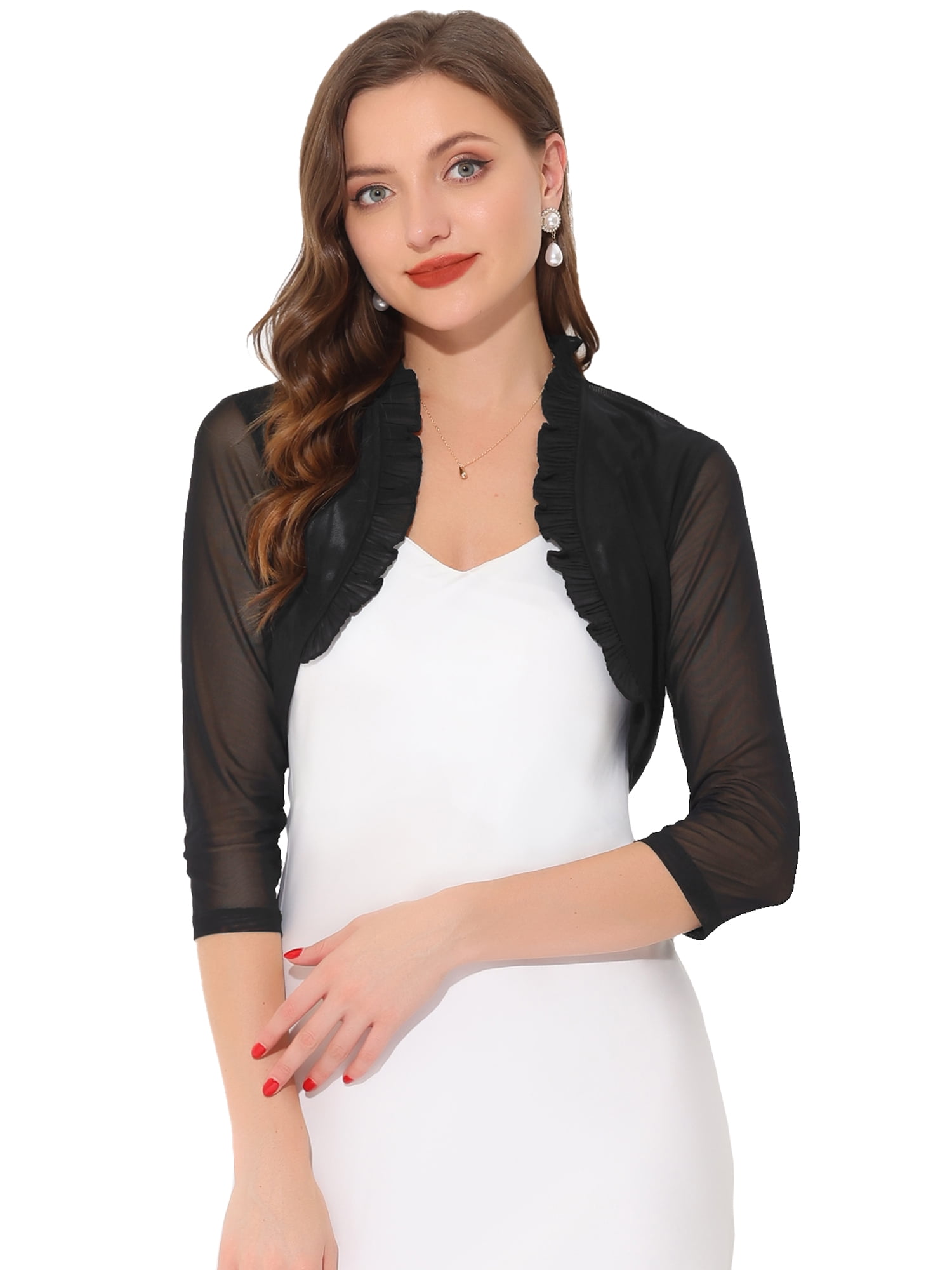 DARING DIVA Women's Ruffle Shrug Mesh Crop Bolero Cardigan S Black ...