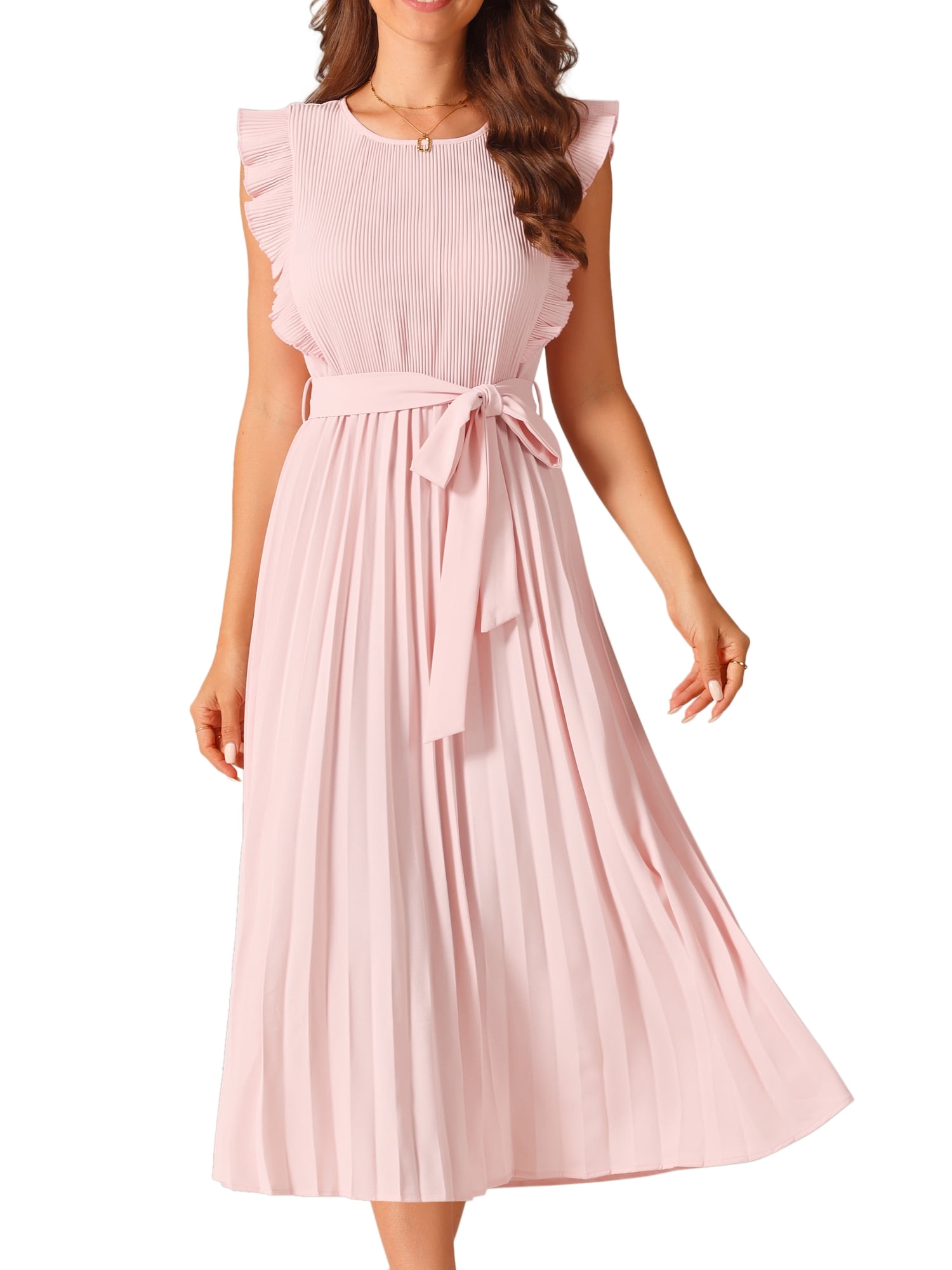 DARING DIVA Women's Ruffle Sleeveless Midi Dress with Tie Waist Belt S Pink - Walmart.com