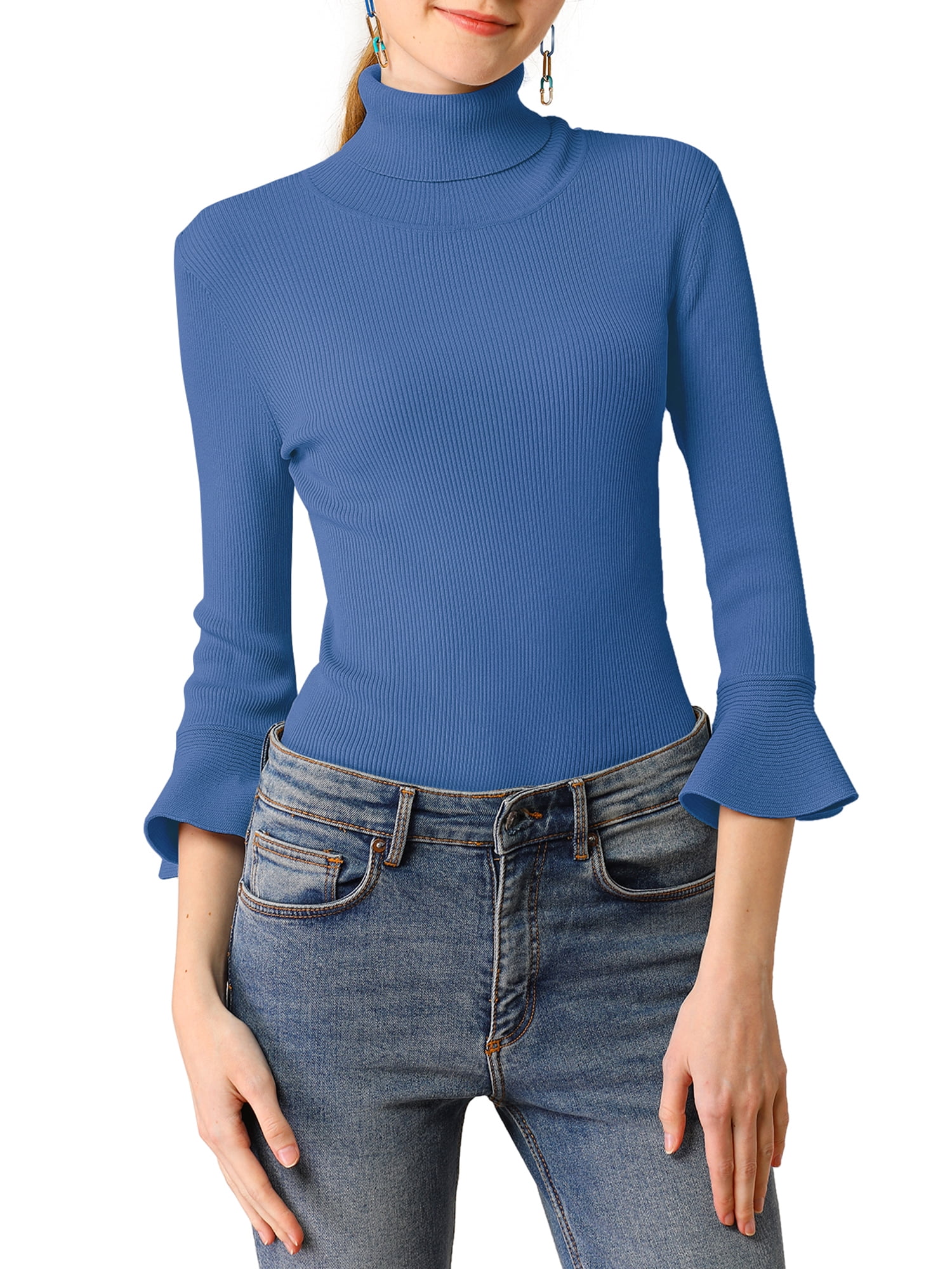 DARING DIVA Women's Ruffle Sleeves Pullover Knit Turtleneck Sweater XL ...