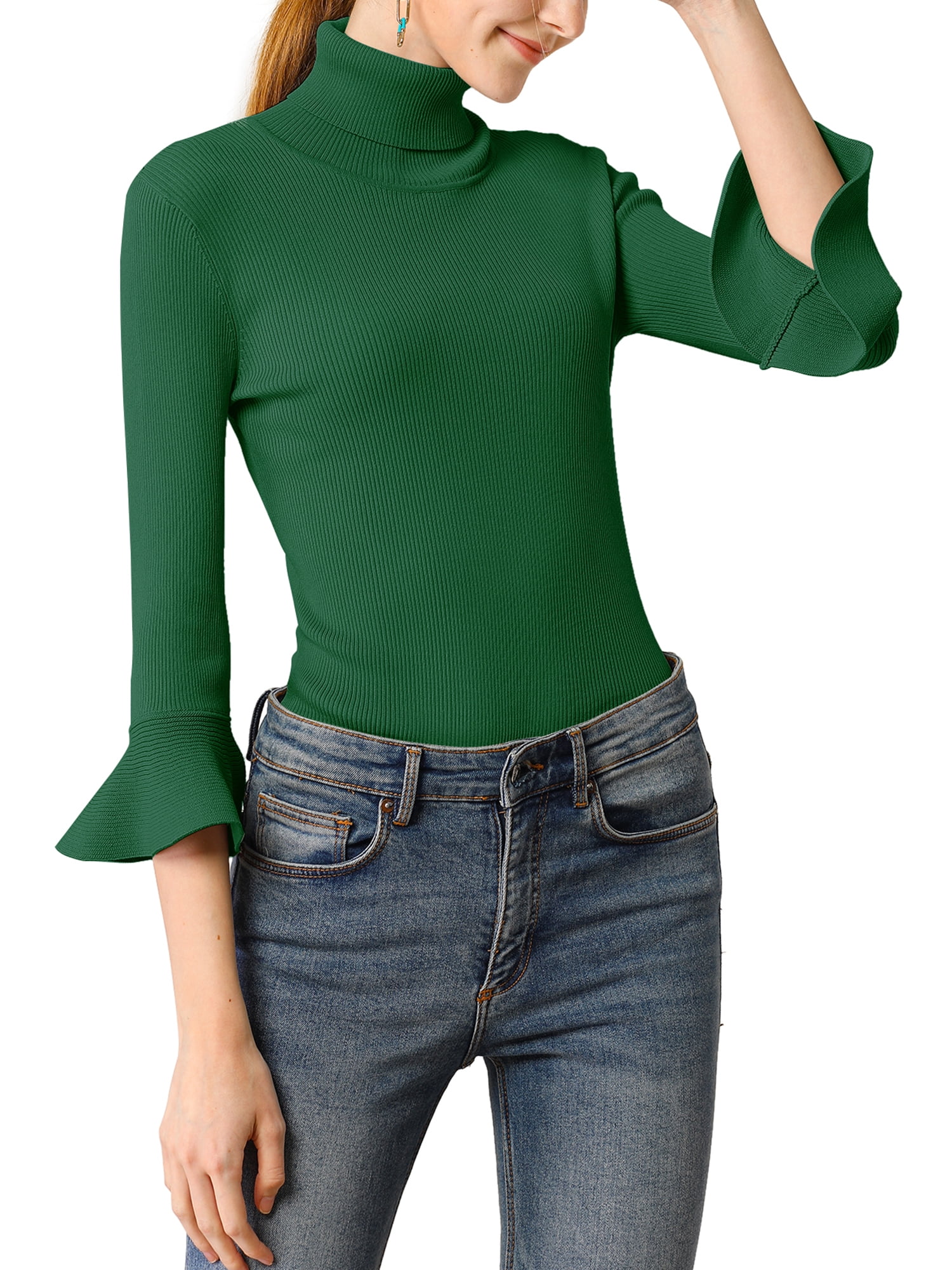 DARING DIVA Women's Ruffle Sleeves Pullover Knit Turtleneck Sweater XL ...