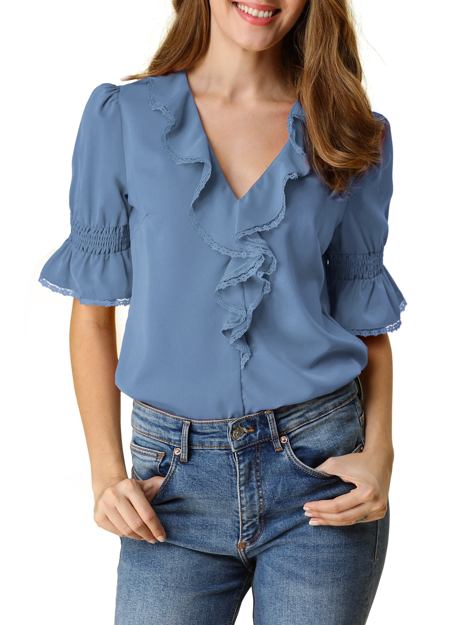DARING DIVA Women's Ruffle V Neck Half Bell Sleeve Chiffon Top S Dusty ...
