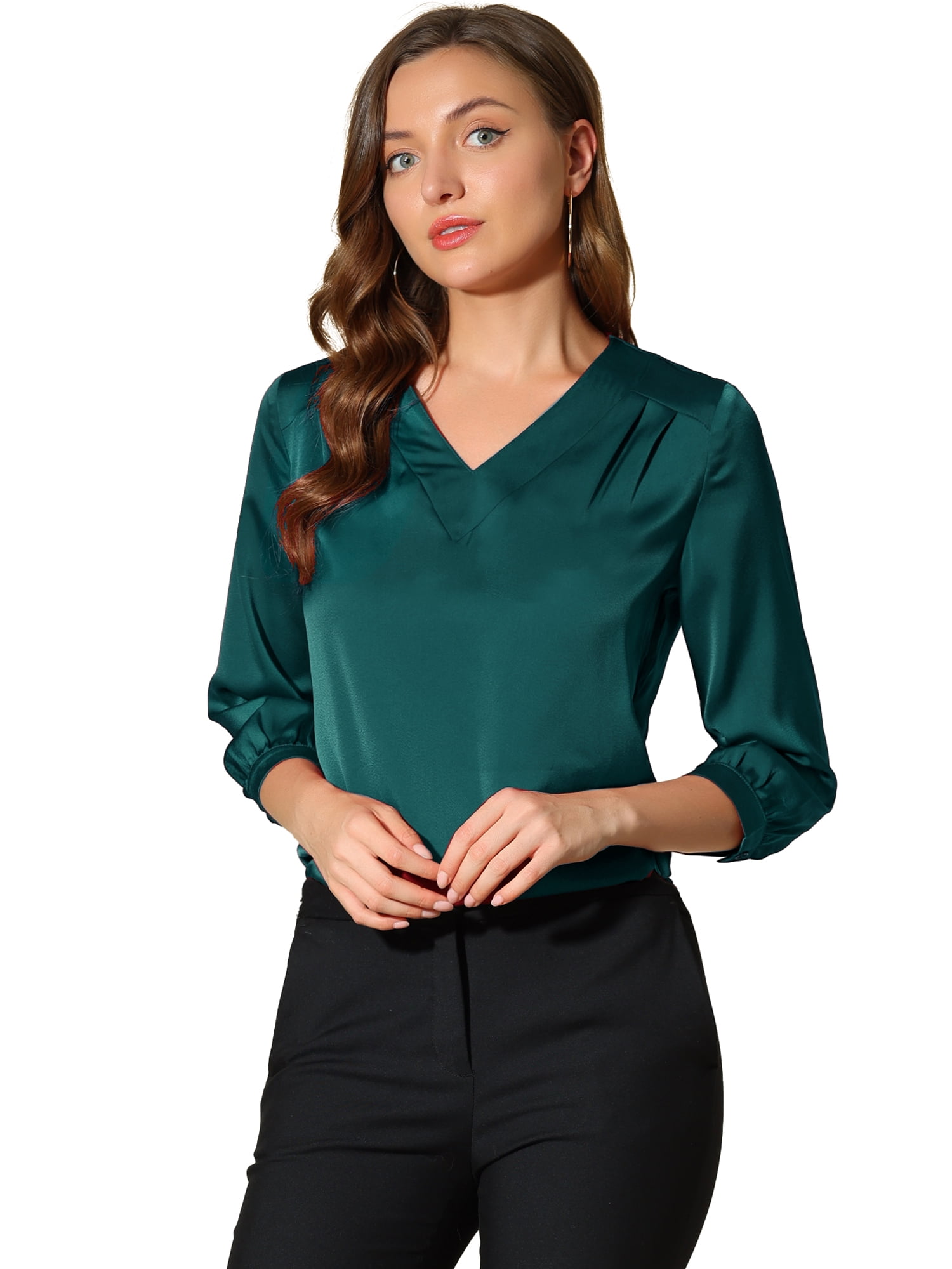 DARING DIVA Women's Satin Blouse Long Sleeve V Neck Top Shirts L Blue ...