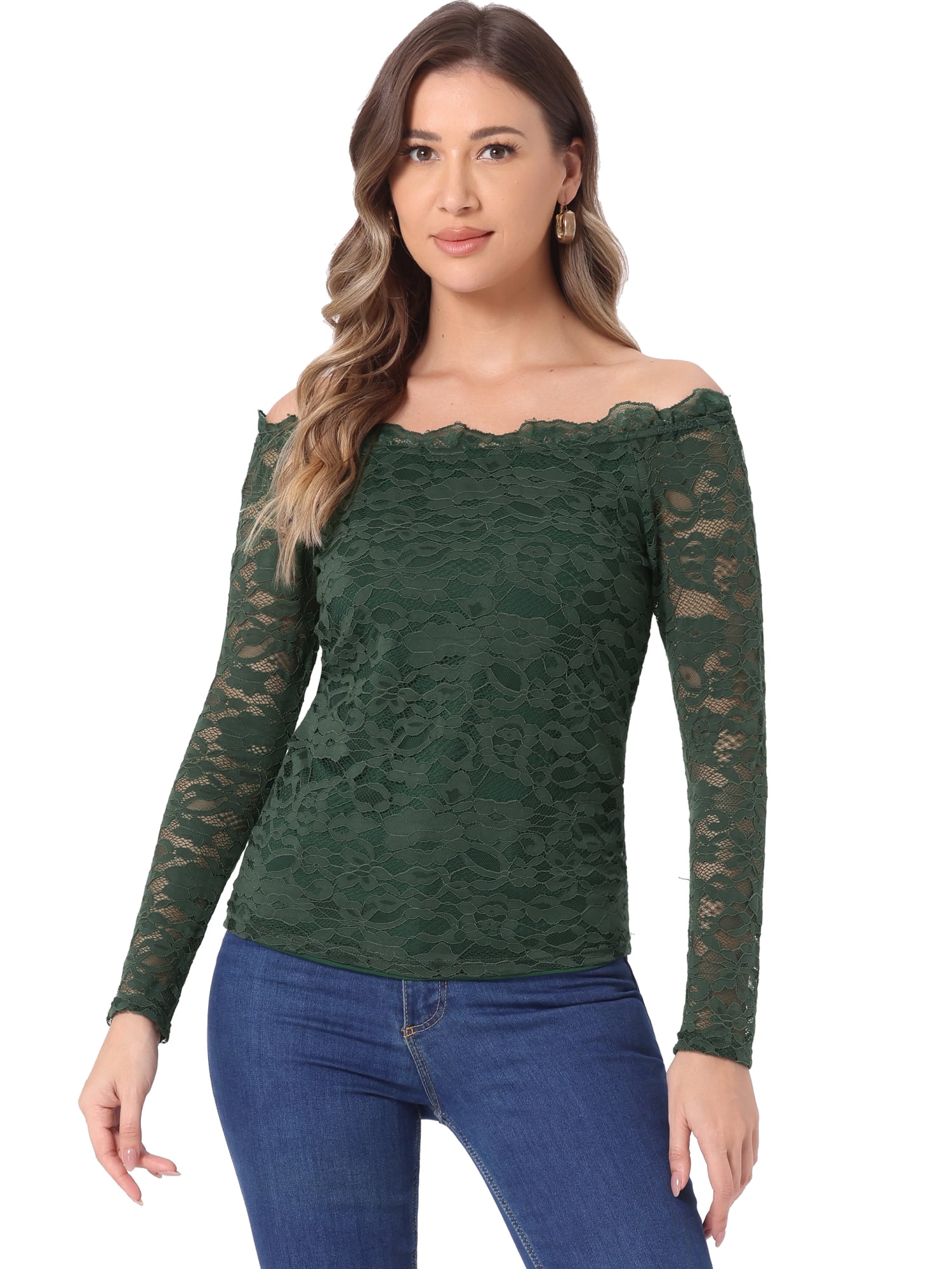 DARING DIVA Women's Sheer Long Sleeves Off Shoulder Floral Lace Tops M ...