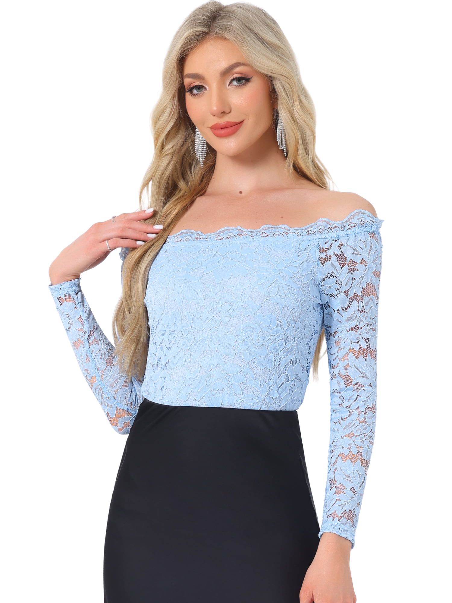 DARING DIVA Women's Sheer Long Sleeves Off Shoulder Floral Lace Tops XS ...