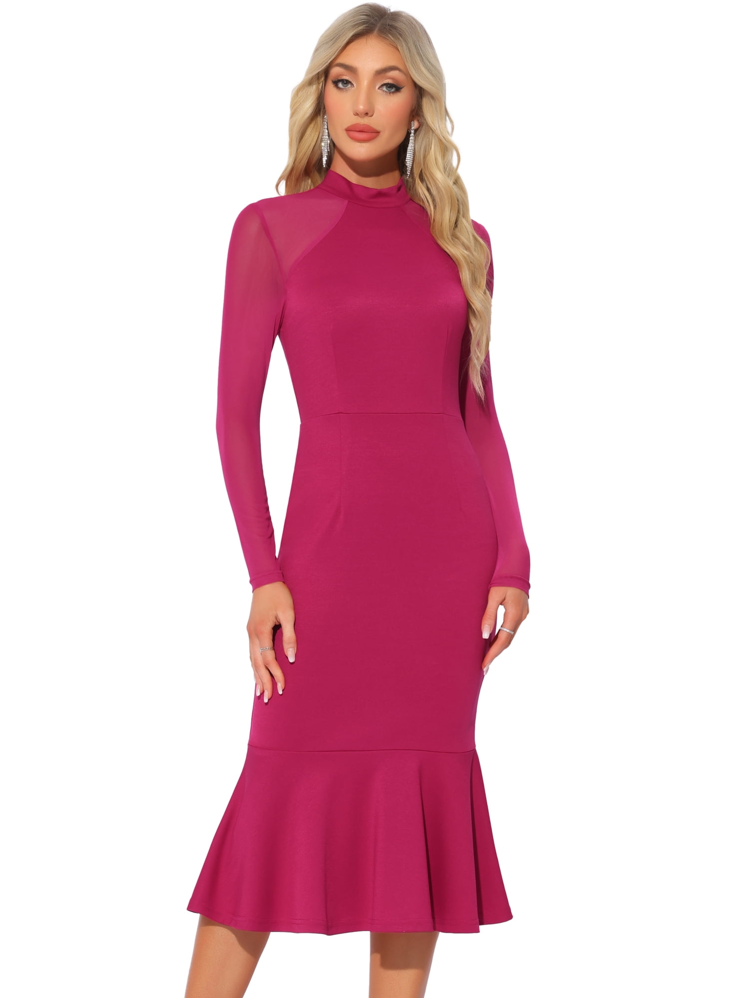DARING DIVA Women's Sheer Mesh Mock Neck Elegant Mermaid Dresses S Rose ...