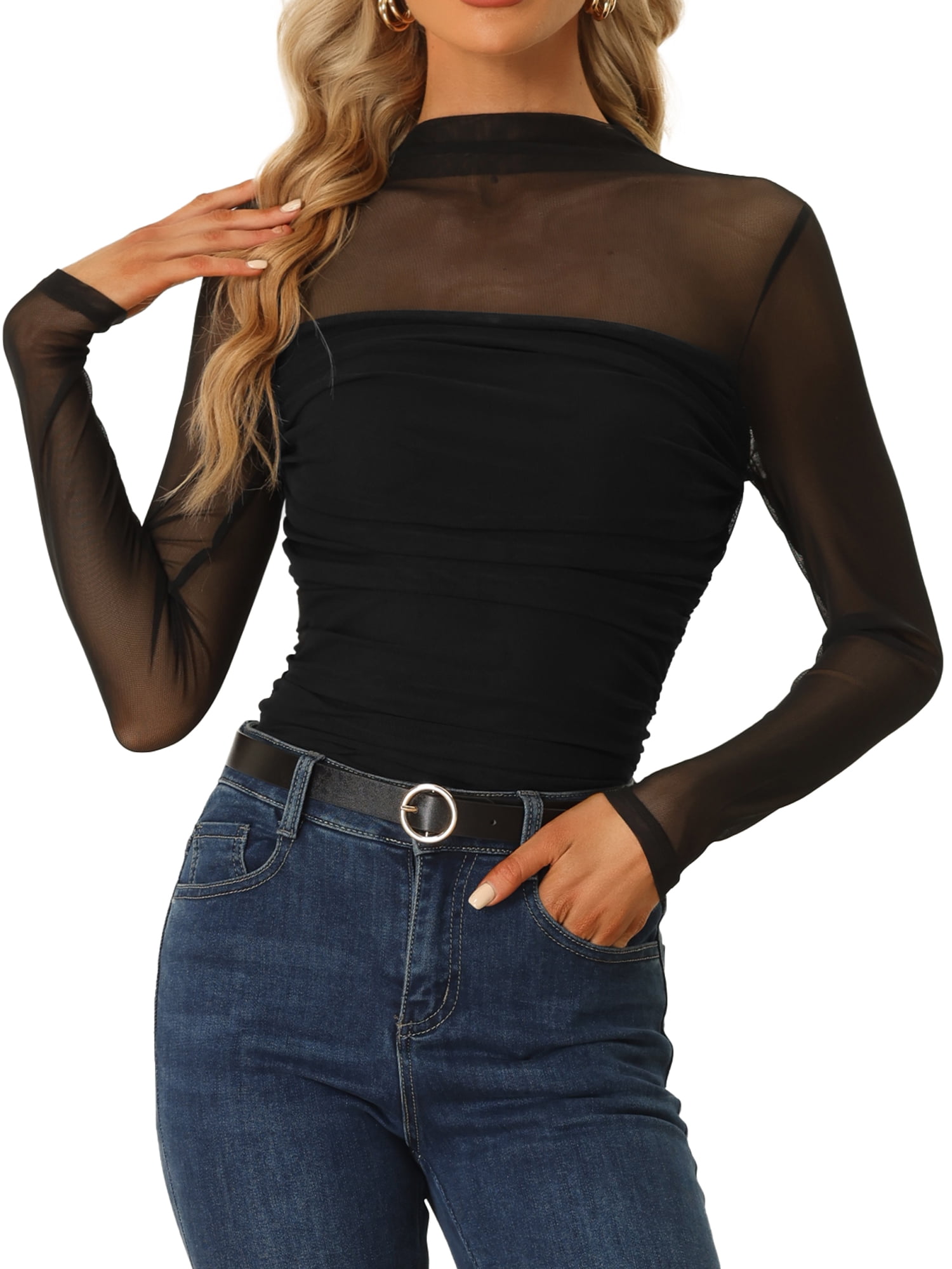 DARING DIVA Women's Sheer Panel with Side Shirring Mesh Top M Black ...