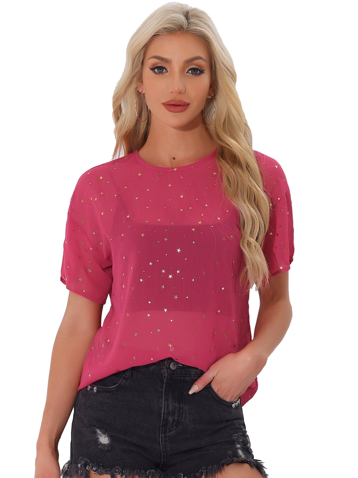 DARING DIVA Women's Sheer Short Sleeve Gilding Shiny Metallic Stars T ...