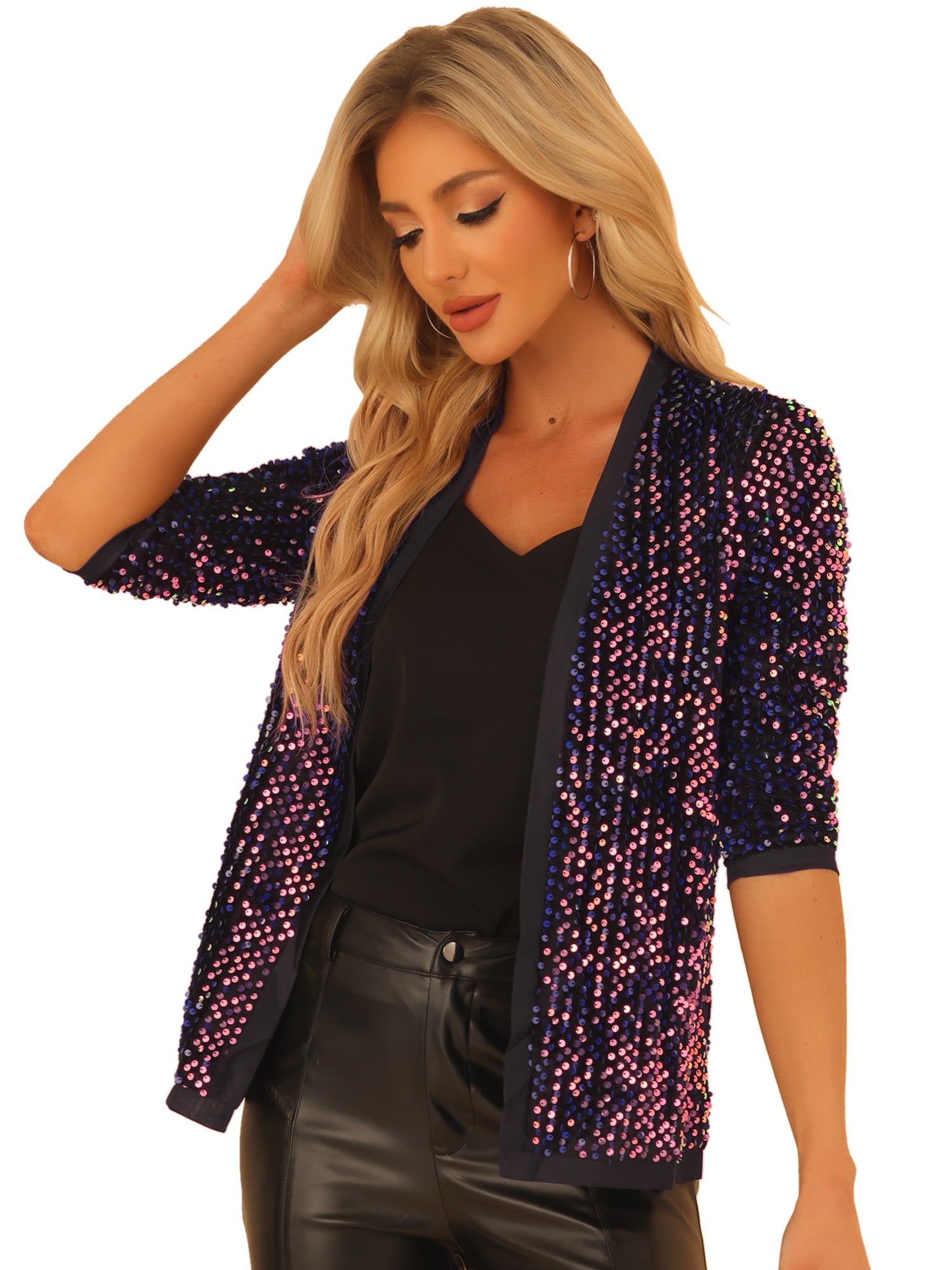 DARING DIVA Women's Shinny Sequin Open Front Collarless Cardigan M Blue ...