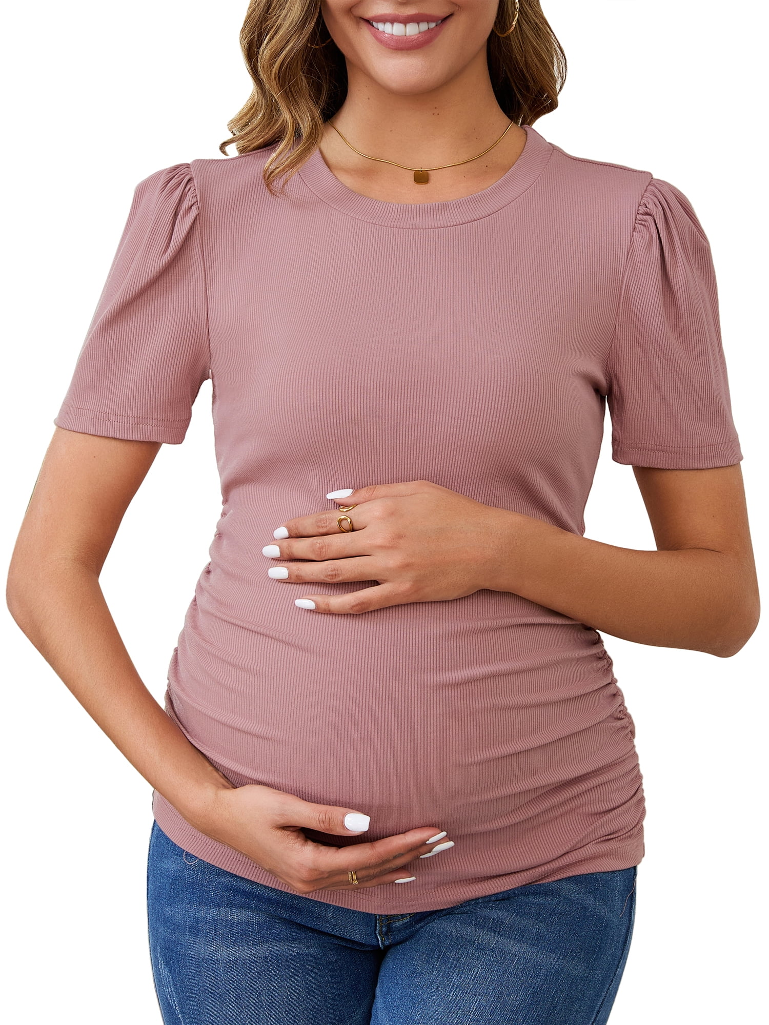 DARING DIVA Women's Short Sleeve Side Ruched Knit Puff Maternity ...