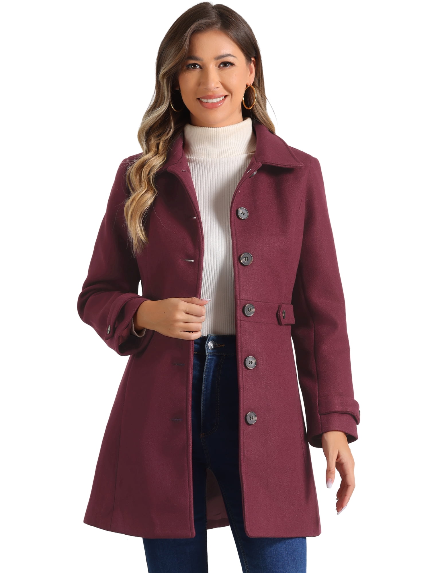 DARING DIVA Women's Single Breasted Long Outwear Winter Coat Burgundy ...