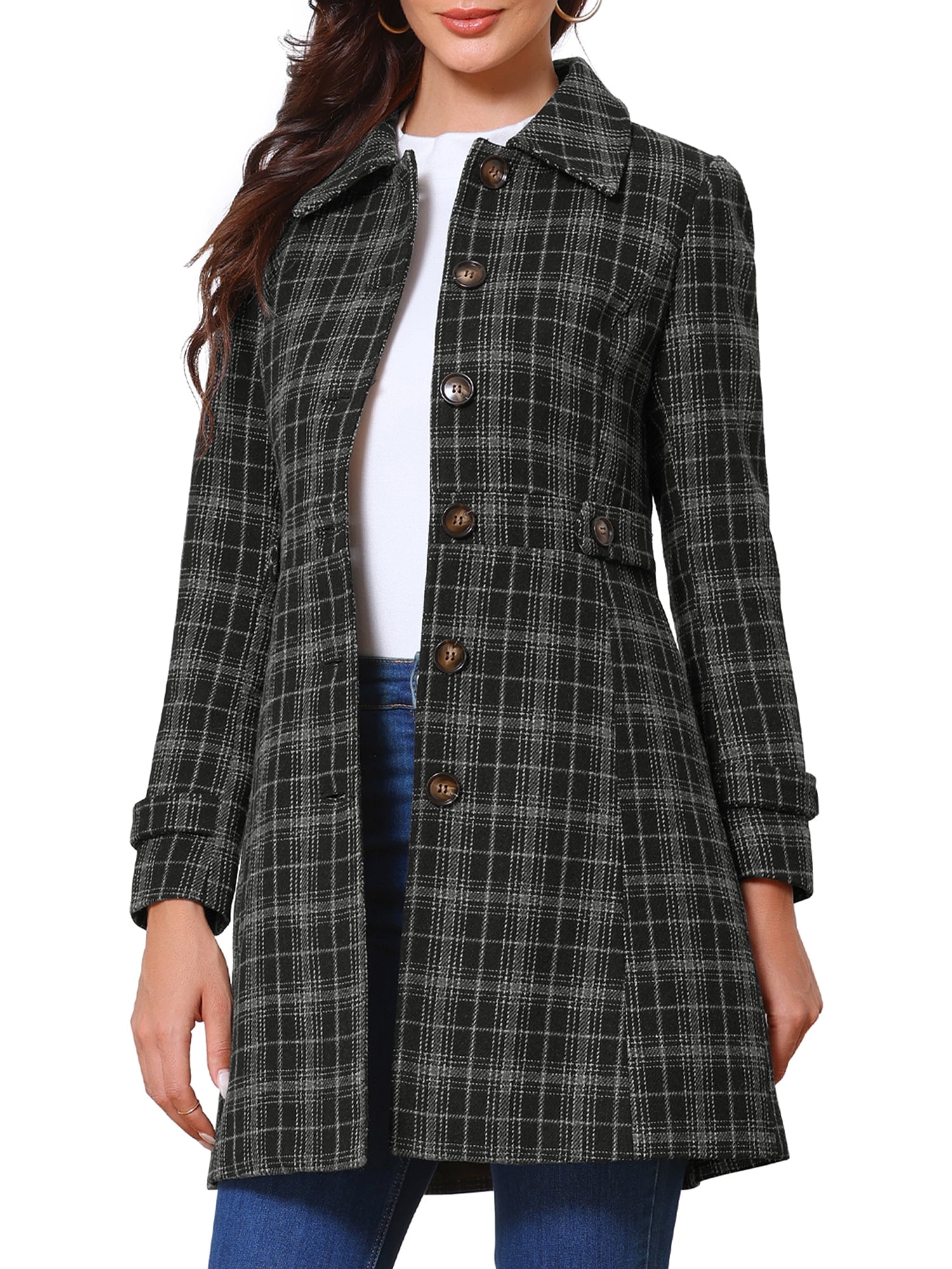 DARING DIVA Women's Single Breasted Vintage Winter Overcoat Plaid Pea ...