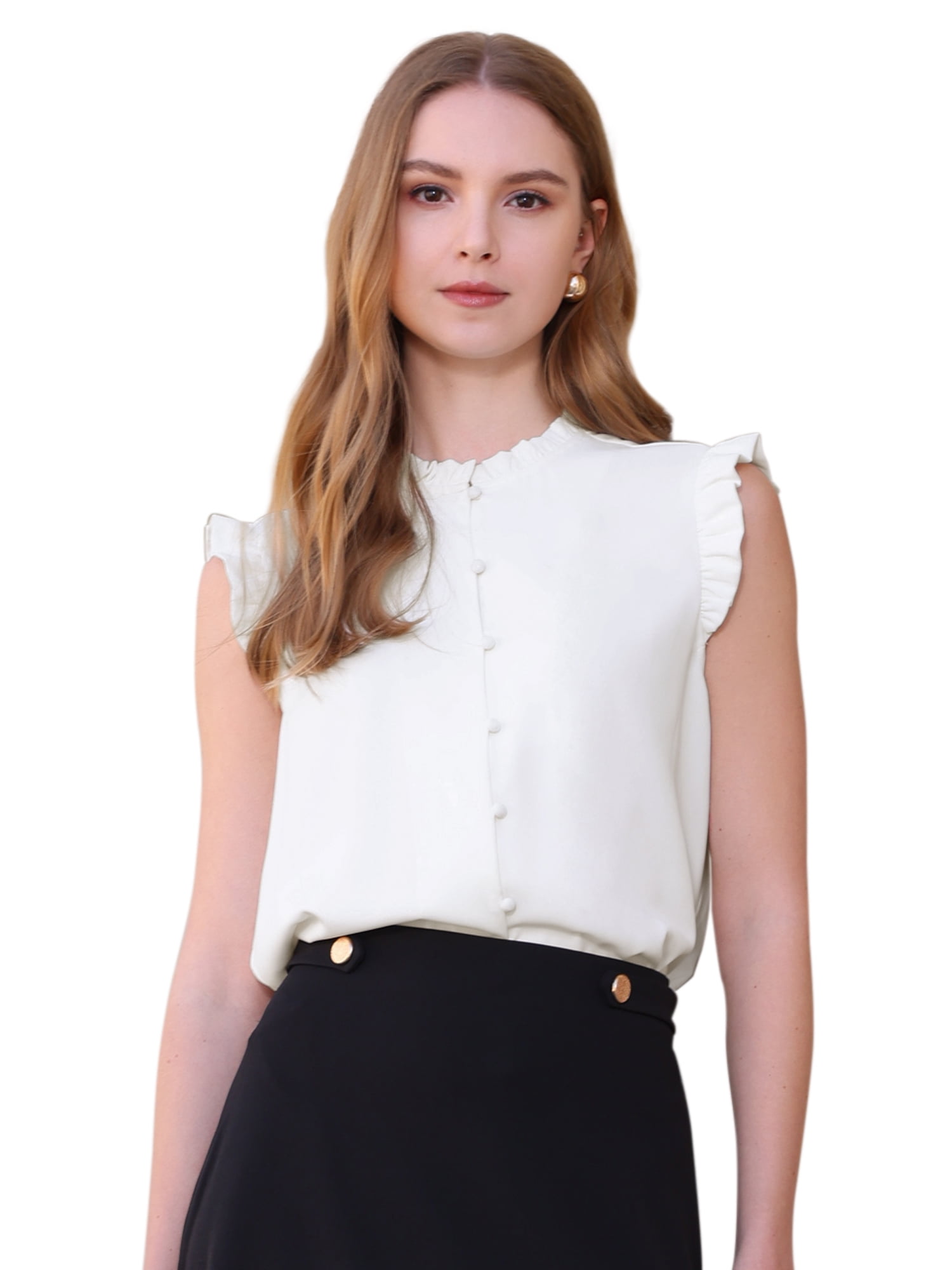 DARING DIVA Women's Sleeveless Ruffled Button Down Blouse L White - Walmart.com