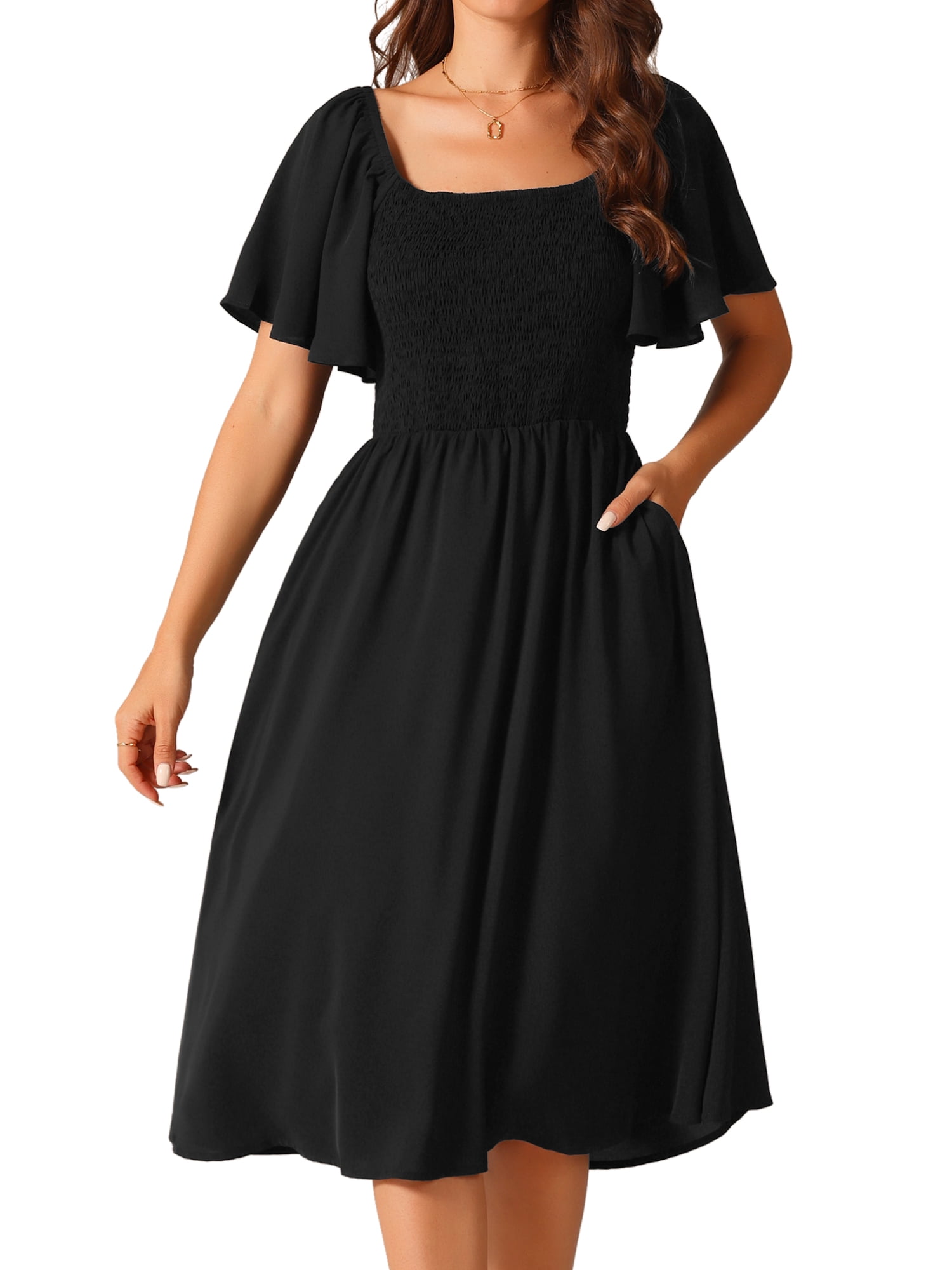 DARING DIVA Women's Smocked Flutter Short Sleeve Midi Dresses L Black ...