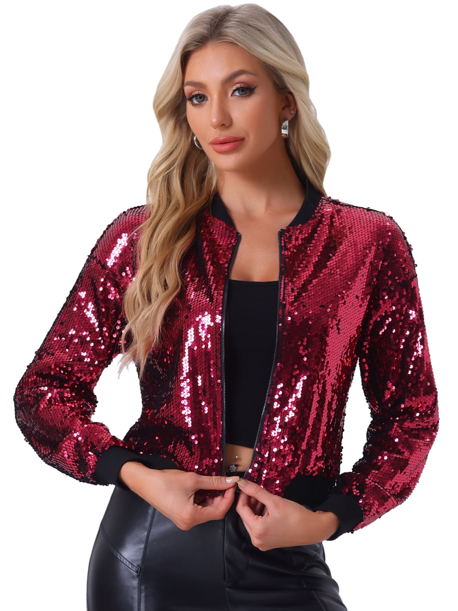 DARING DIVA Women's Sparkle Sequin Zipper Bomber Jacket S Wine Red ...