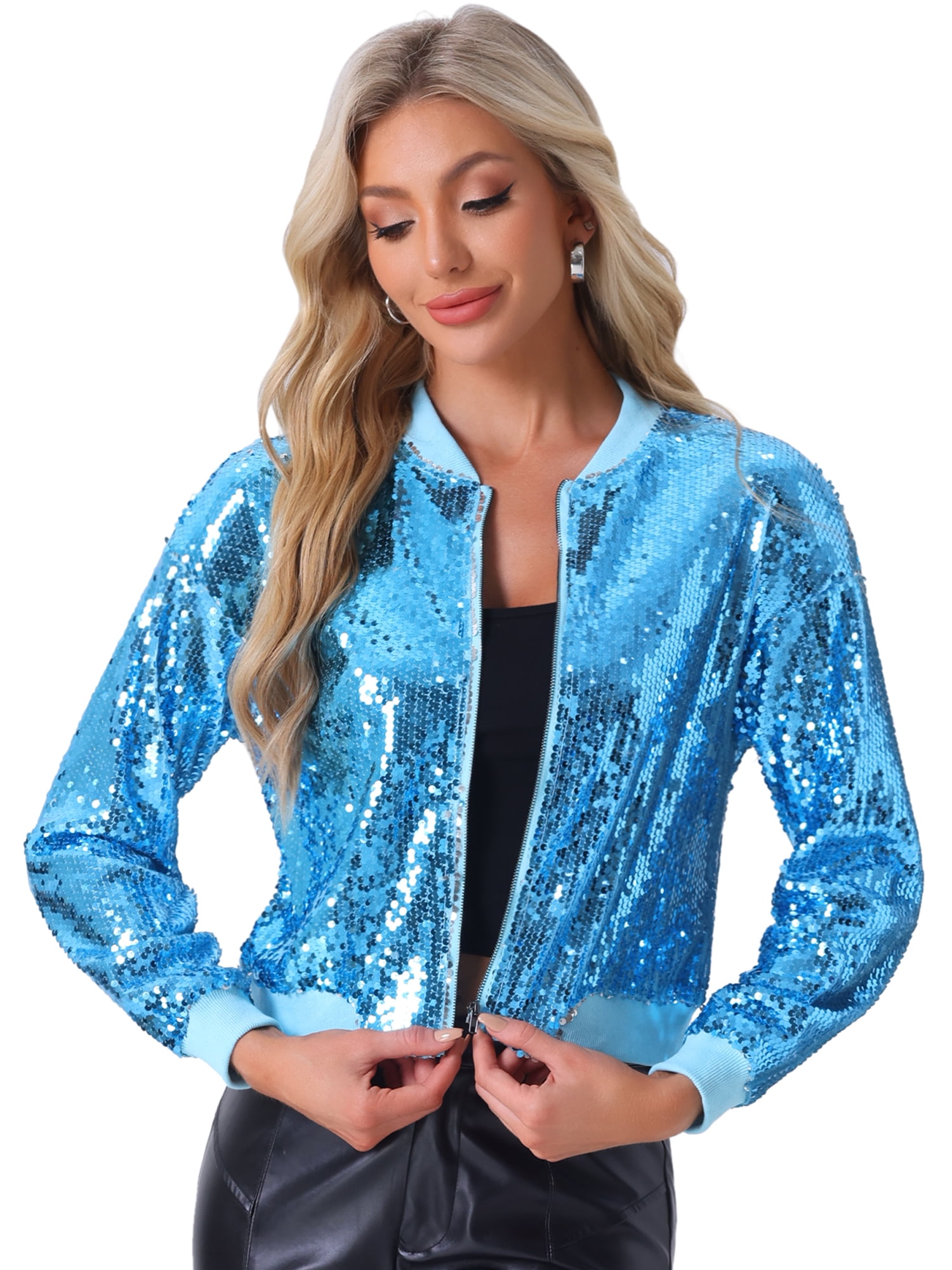 DARING DIVA Women's Sparkle Sequin Zipper Bomber Jacket XS Sky Blue ...