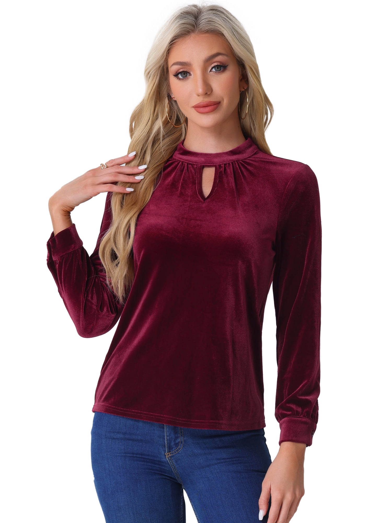 DARING DIVA Women's Stand Collar Elegant Velvet Long Sleeve Tops S ...