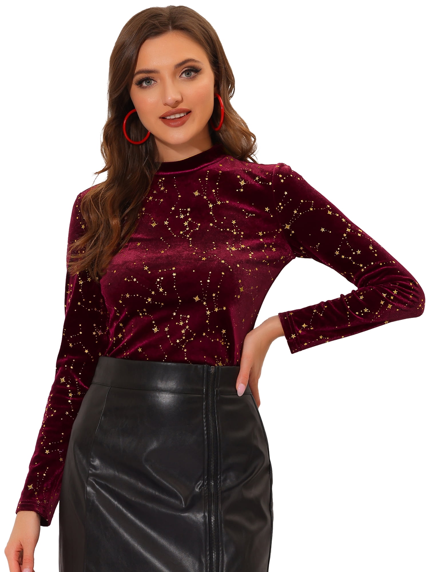 DARING DIVA Women's Star Print Round Neck Velvet Blouses L Burgundy ...