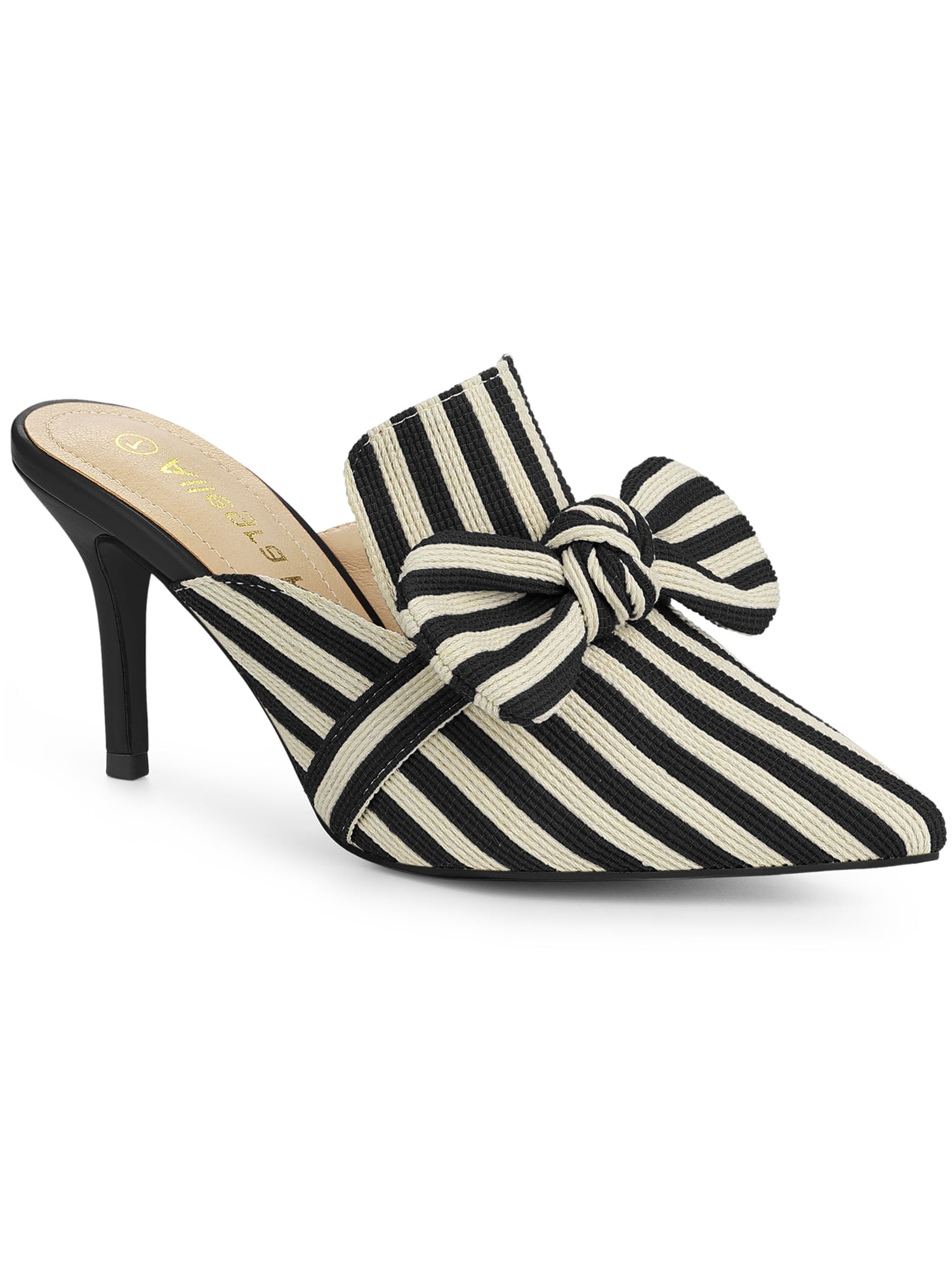 DARING DIVA Women's Stripe Bow Slip on Stiletto Heel Slides Mules Black ...