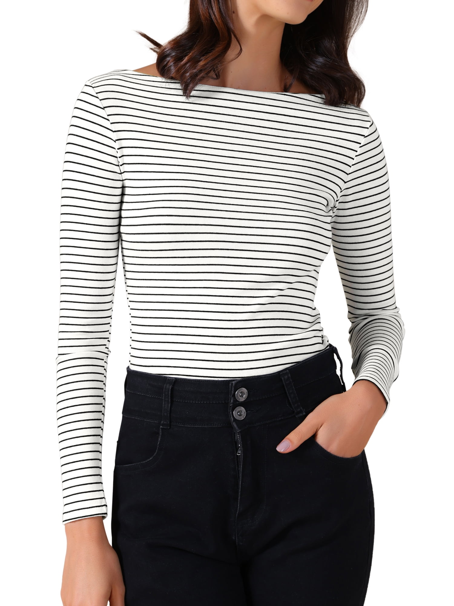 DARING DIVA Women's Striped Long Sleeve T-Shirt Boat Neck Basic Shirts ...