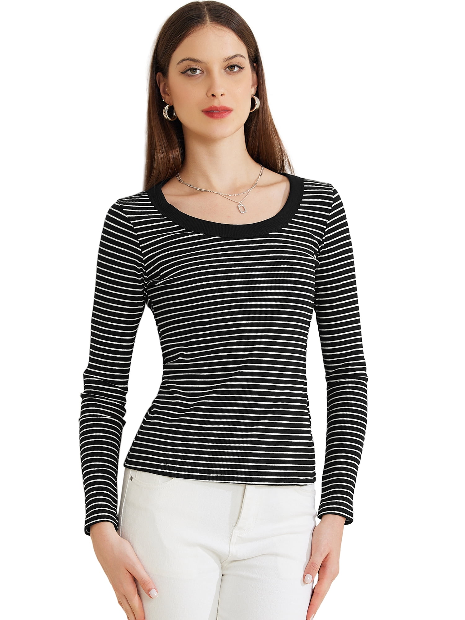 DARING DIVA Women's Striped Scoop Neck Stretch Basic Tee Top S Black ...