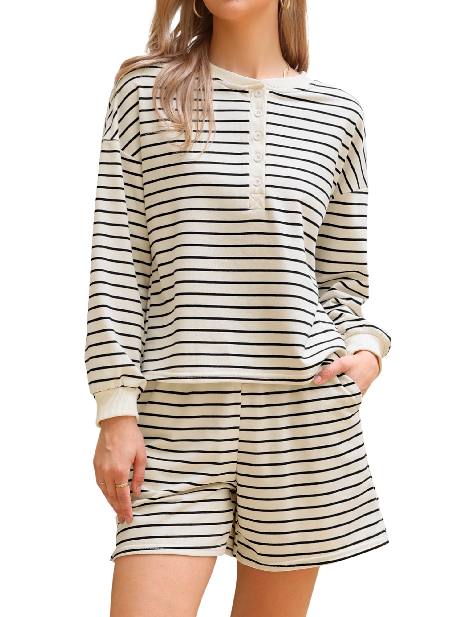DARING DIVA Women's Striped Top Shorts Set Casual Lounge Outfit M White ...