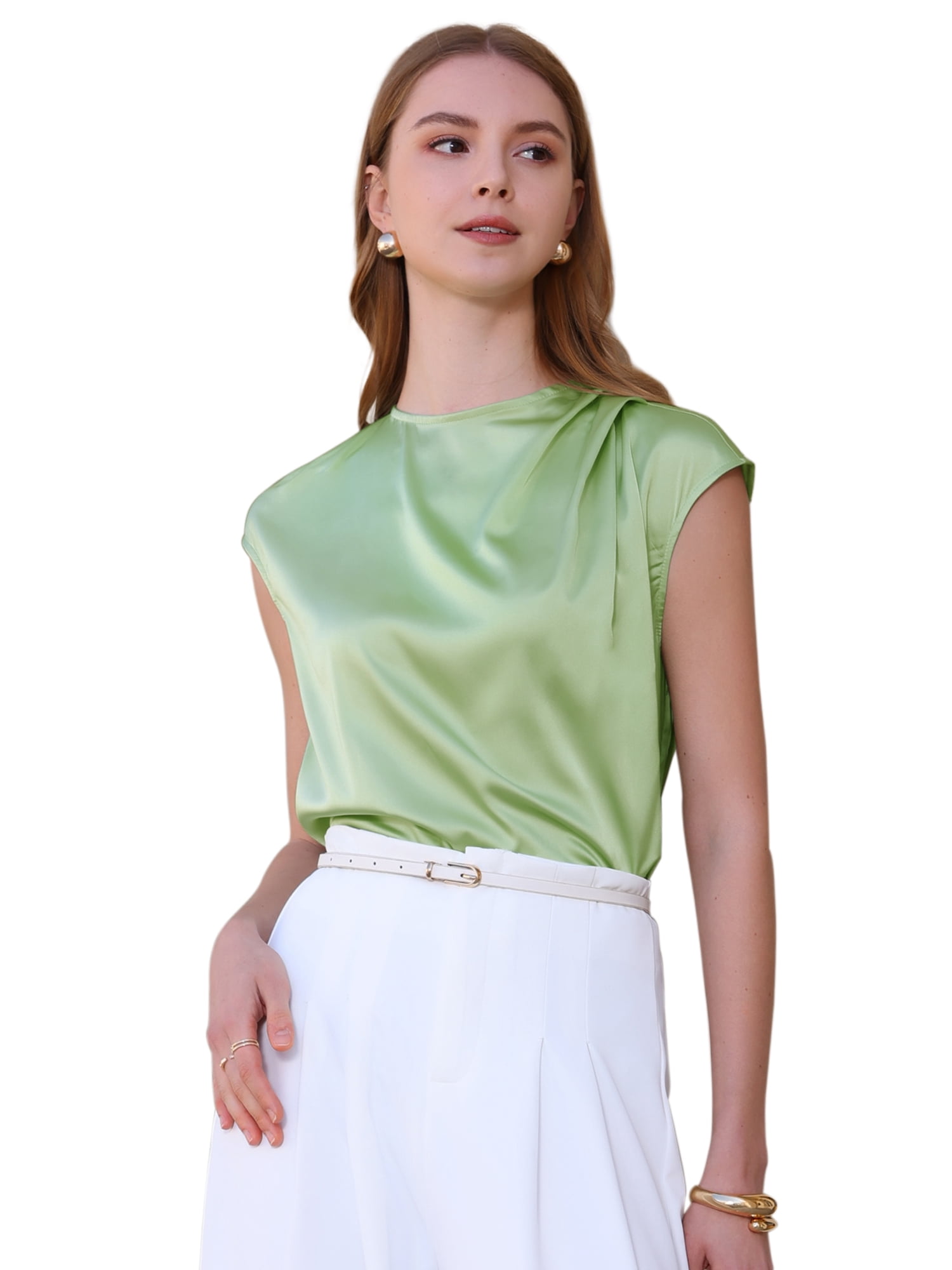 DARING DIVA Women's Stylish Elegant Satin Cap Sleeve Blouse L Green ...