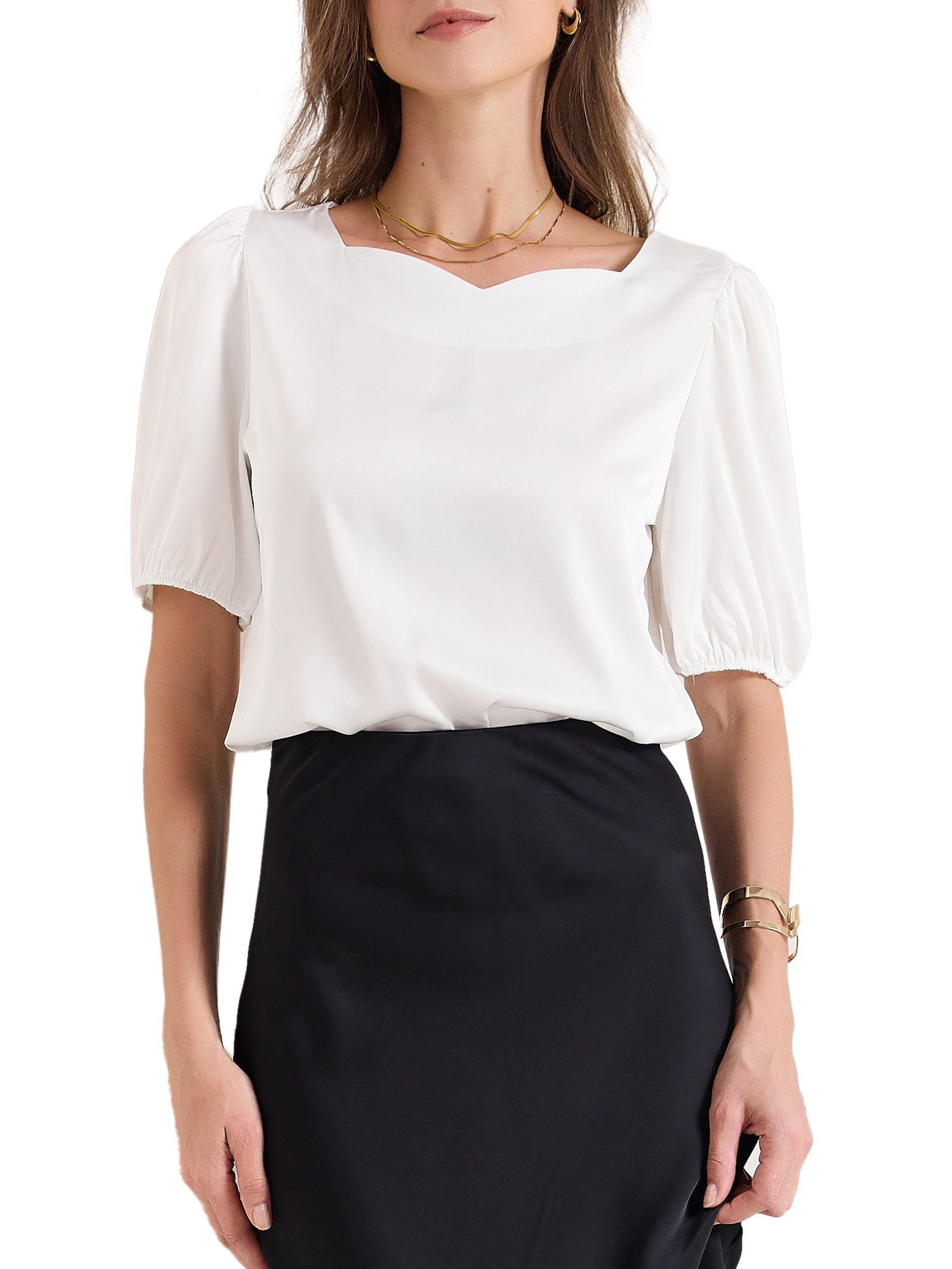 DARING DIVA Women's Sweetheart Neck Office Work Satin Blouses M White ...