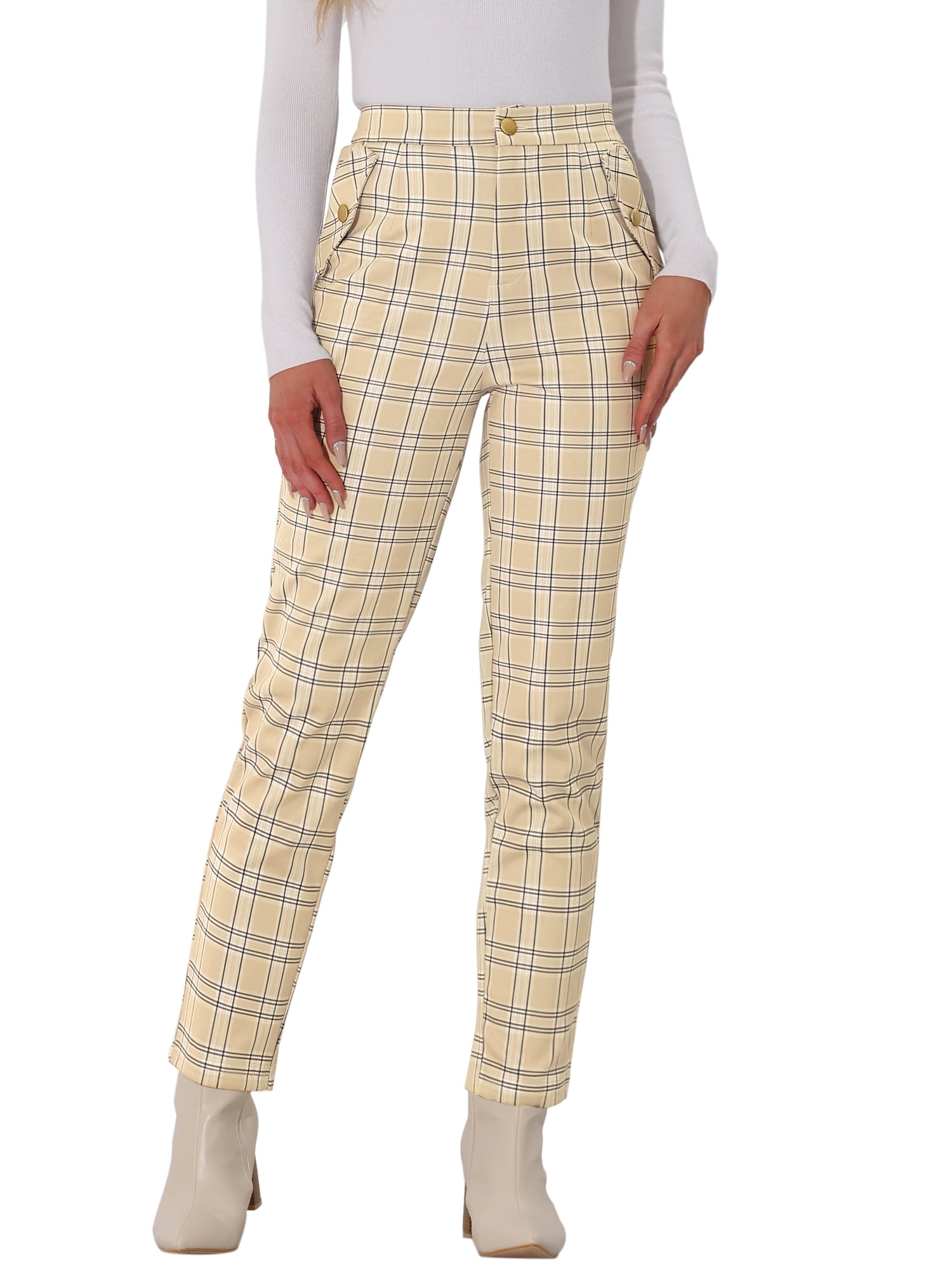DARING DIVA Women's Tartan Plaid Pants Elastic Waist Straight Trousers ...