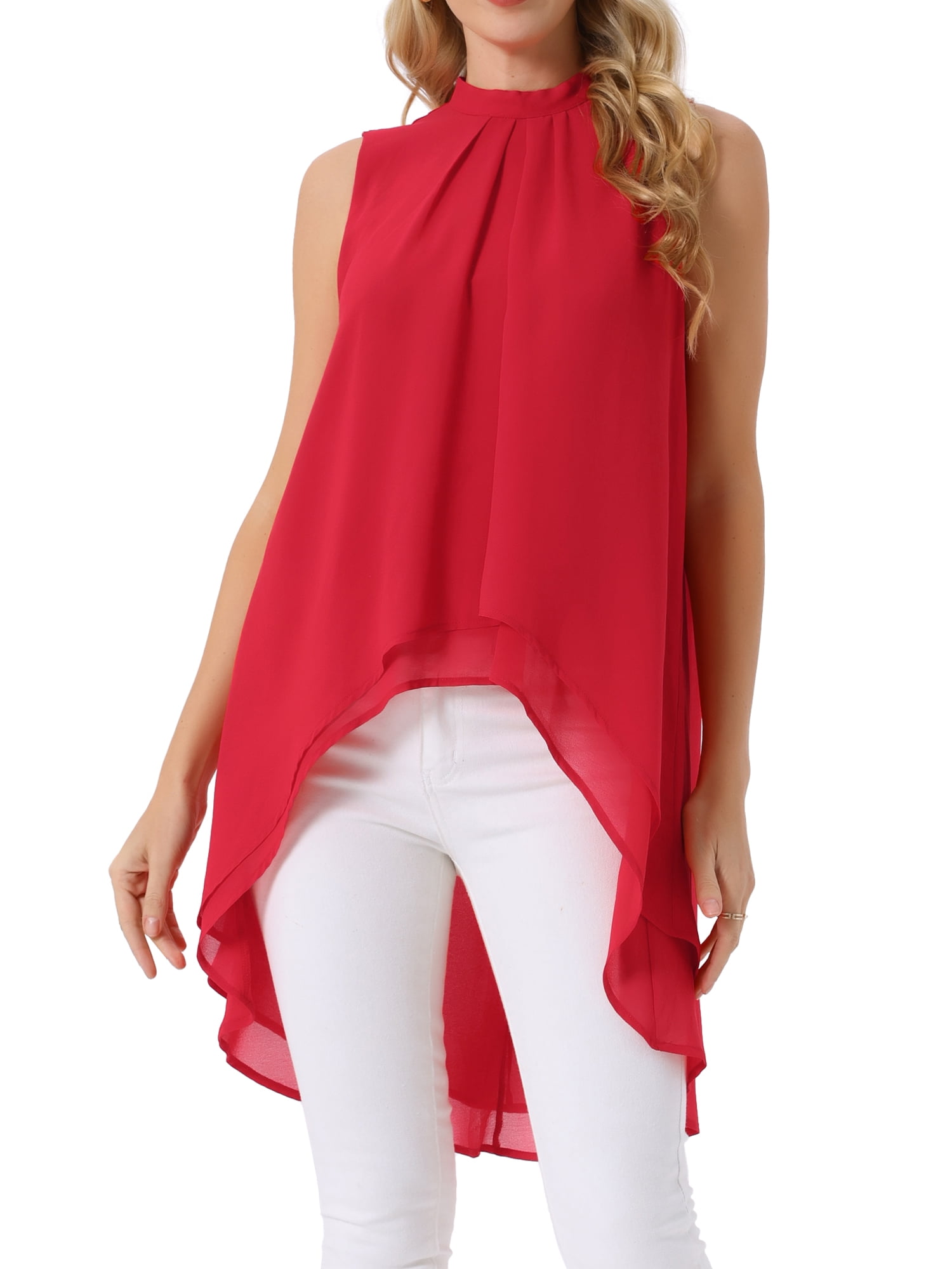 DARING DIVA Women's Tie Back High Low Mock Neck Blouse Tops S Red ...