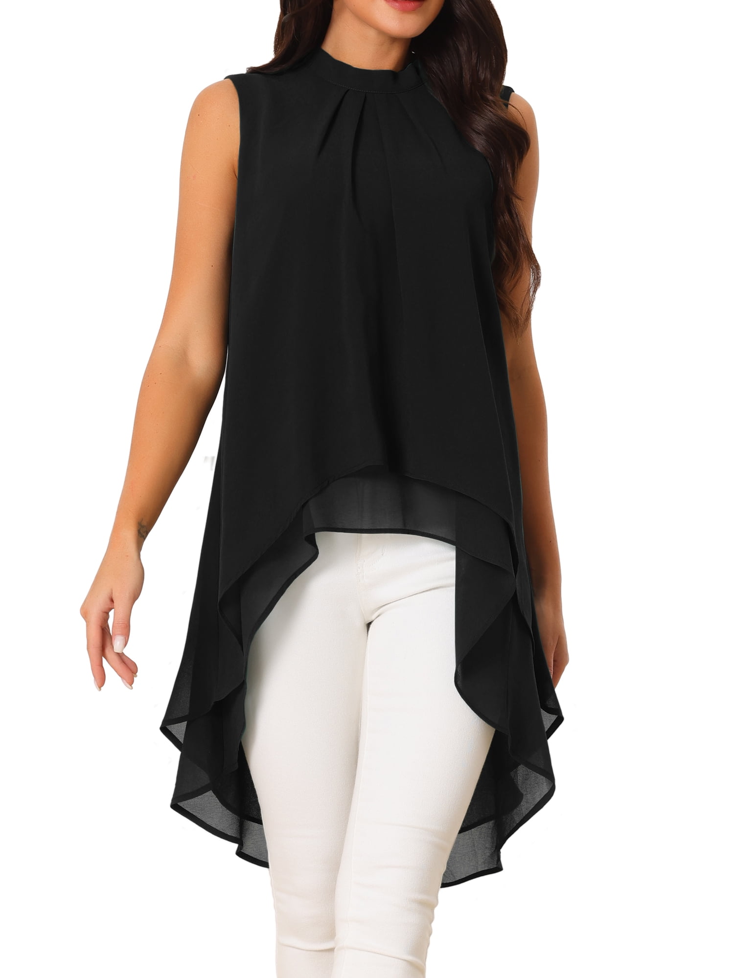 DARING DIVA Women's Tie Back High Low Mock Neck Blouse Tops XL Black ...