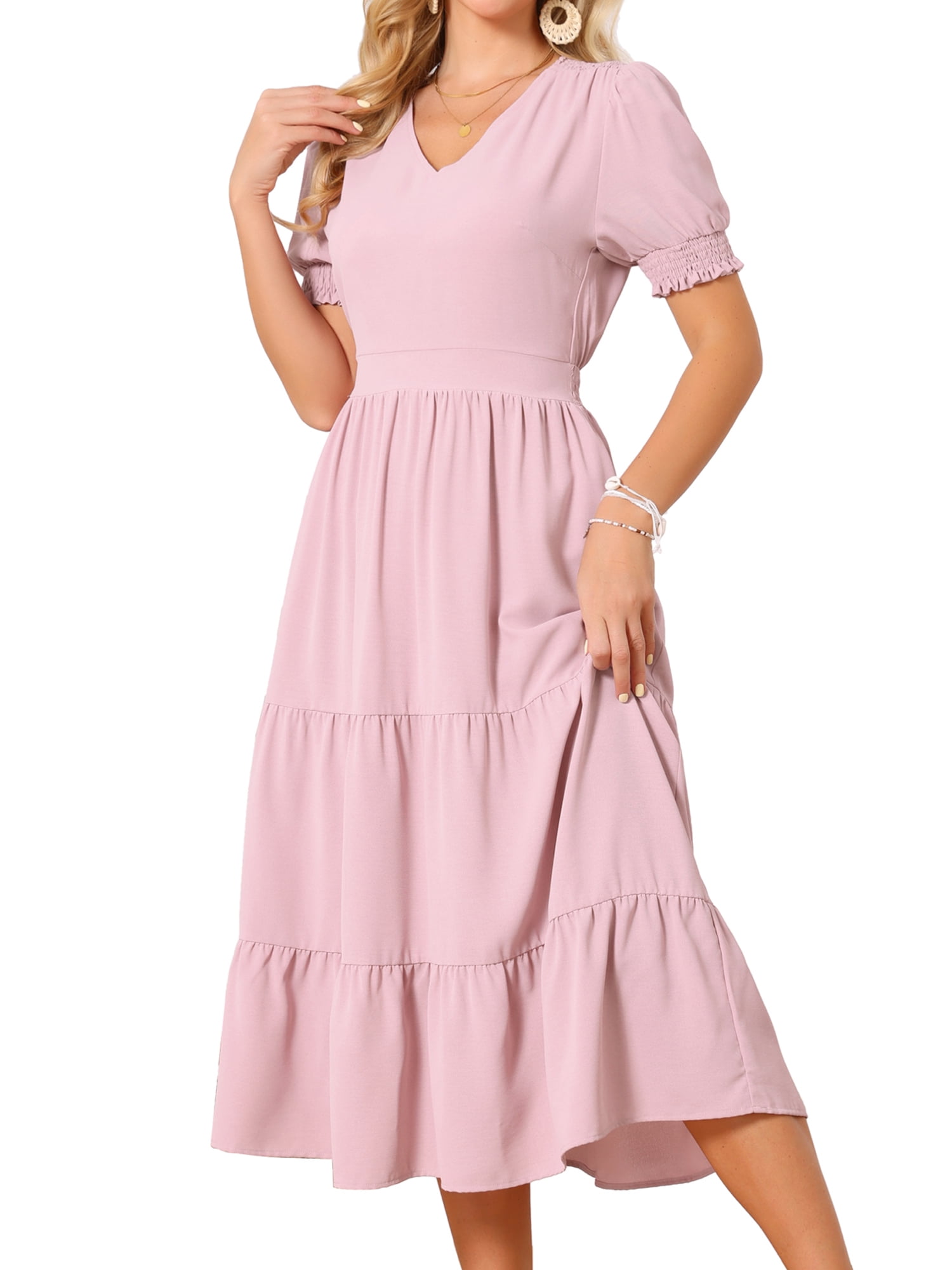 DARING DIVA Women's Tiered Smocked Short Sleeve A-Line V Neck Ruffle ...