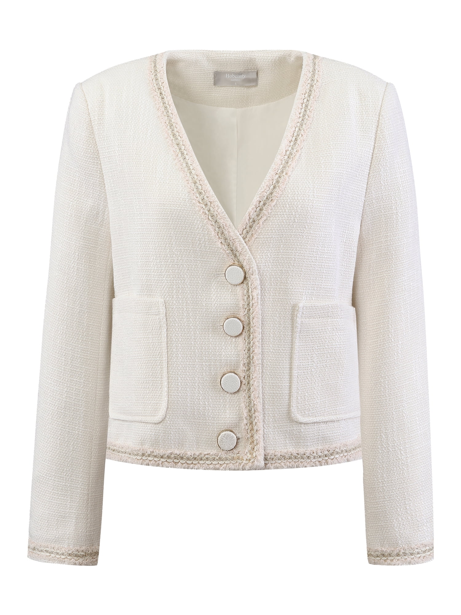 DARING DIVA Women's Tweed Jacket V Neck Collarless Casual Blazer L ...