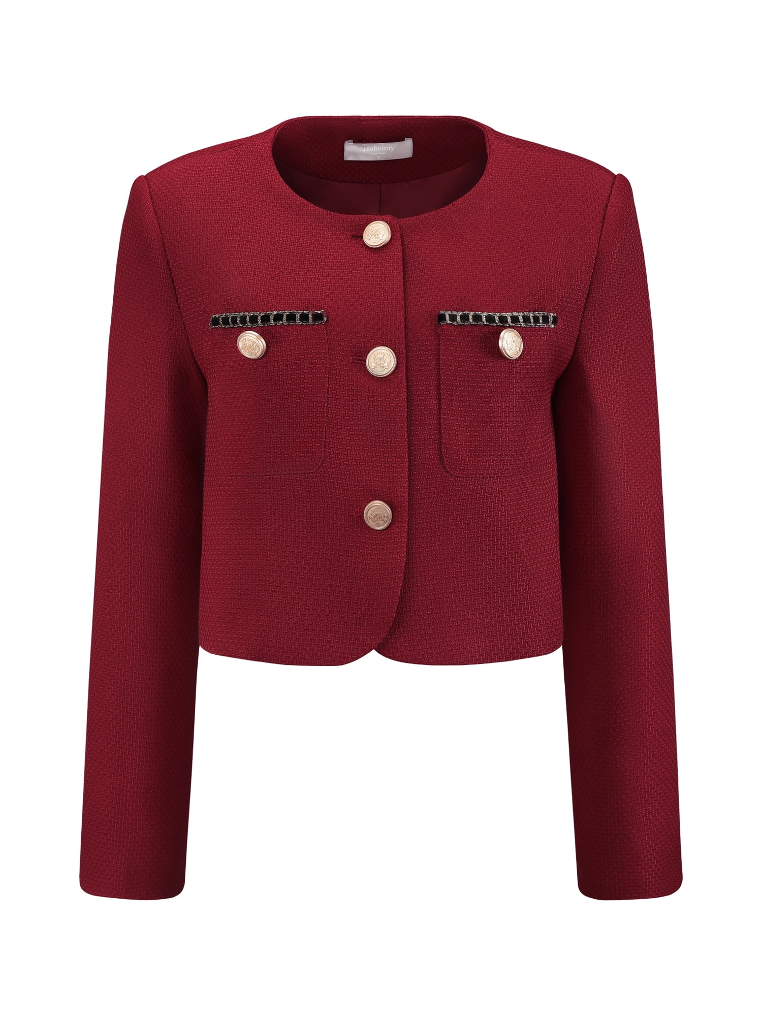 DARING DIVA Women's Tweed Short Jacket Crewneck Cropped Blazer S Red ...