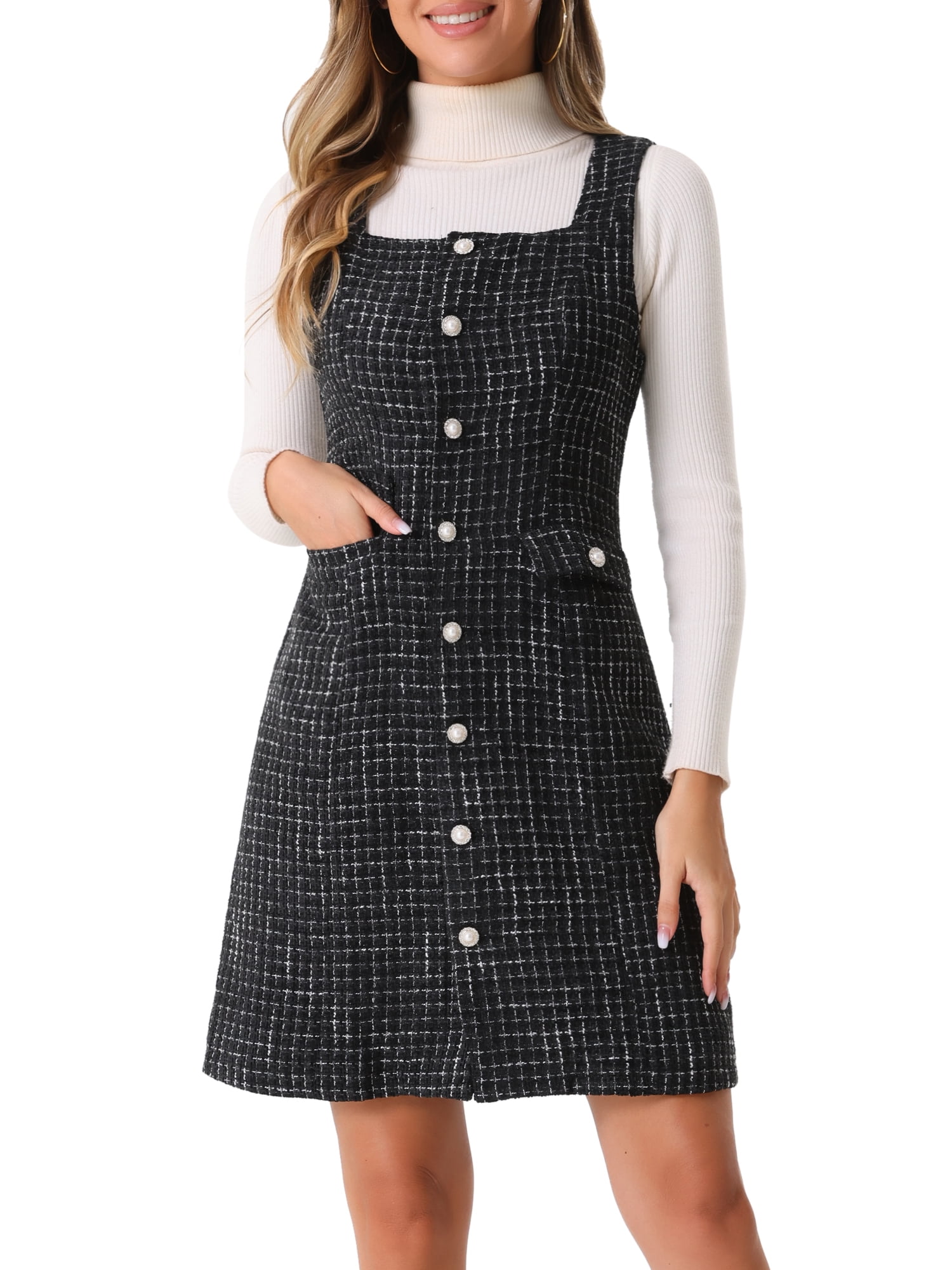 DARING DIVA Women's Tweed Square Neck A Line Pinafore Dresses M Black ...