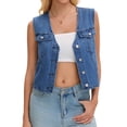DARING DIVA Women's V Neck Button Up Sleeveless Cropped Denim Vest M ...